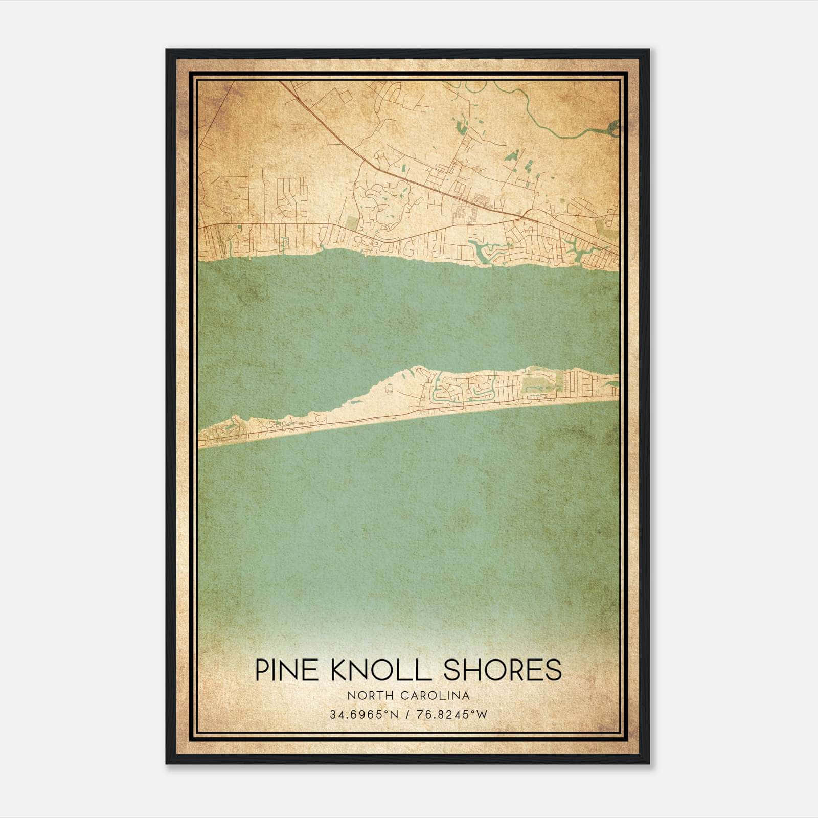Vintage Pine Knoll Shores North Carolina Map Poster, Pine Knoll Shores NC City Road Wall Art ...