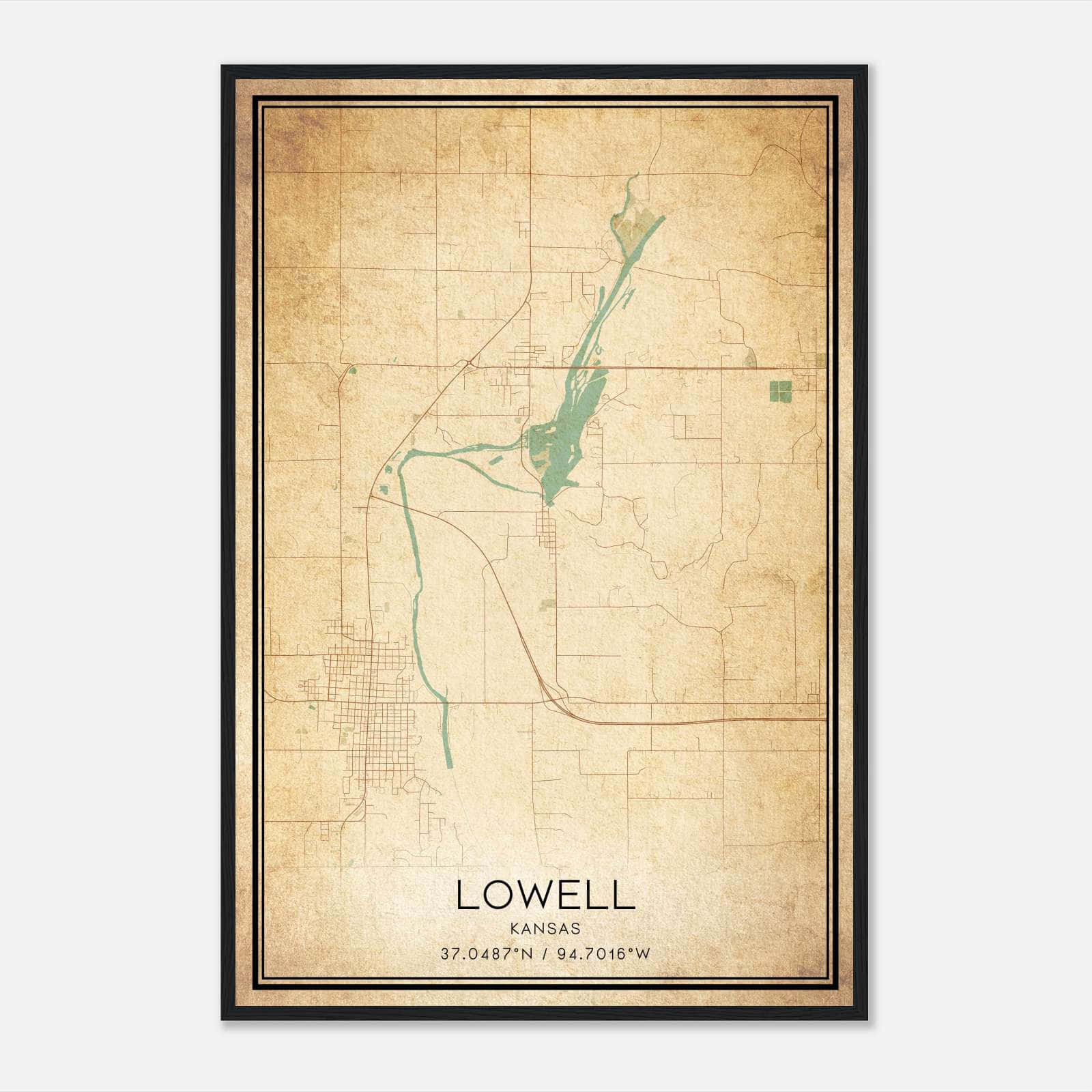 Vintage Lowell Kansas Map Poster, Lowell KS City Road Wall Art Print ...