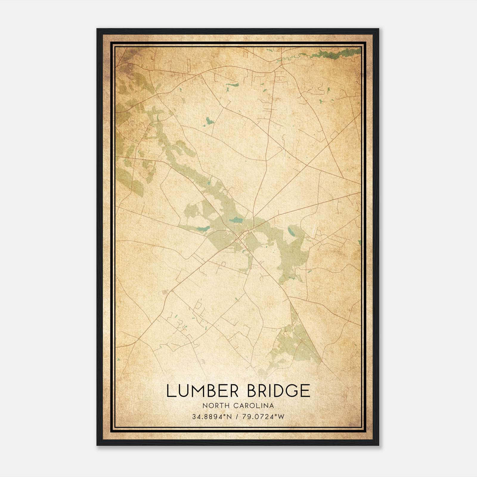Vintage Lumber Bridge North Carolina Map Poster, Lumber Bridge NC City Road Wall Art Print ...