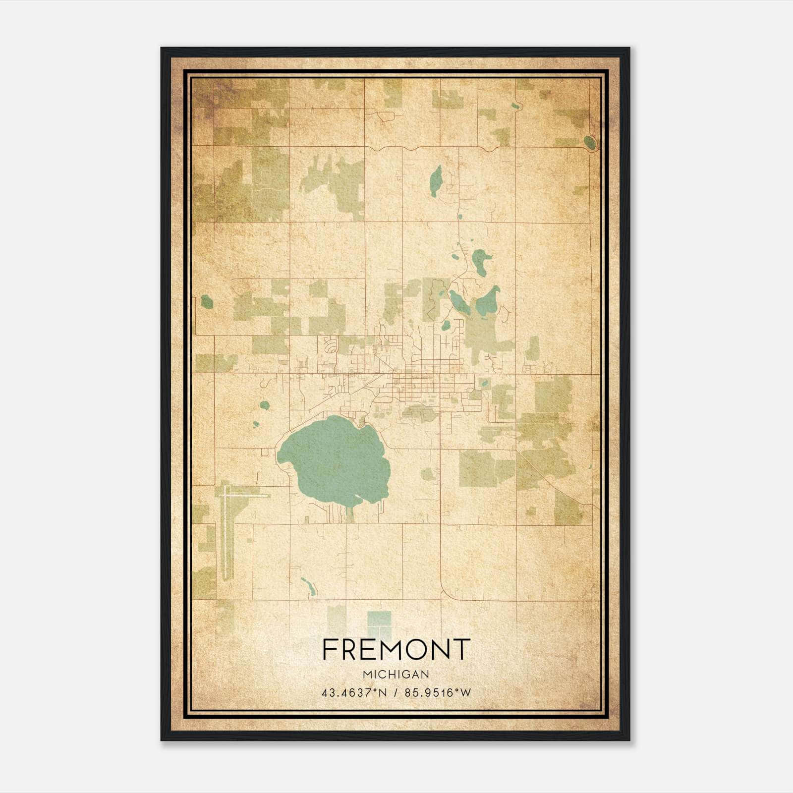 Vintage Fremont Michigan Map Poster, Fremont MI City Road Wall Art ...