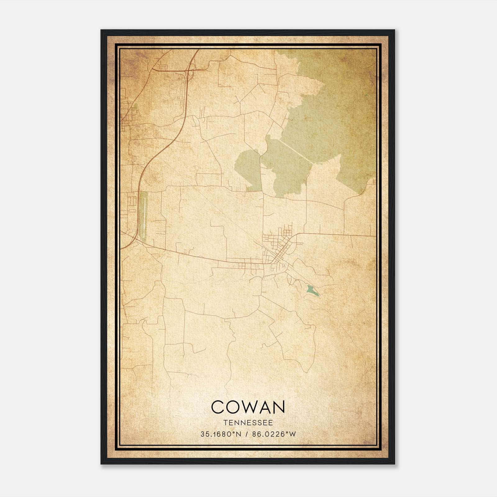Vintage Cowan Tennessee Map Poster, Cowan TN City Road Wall Art Print ...