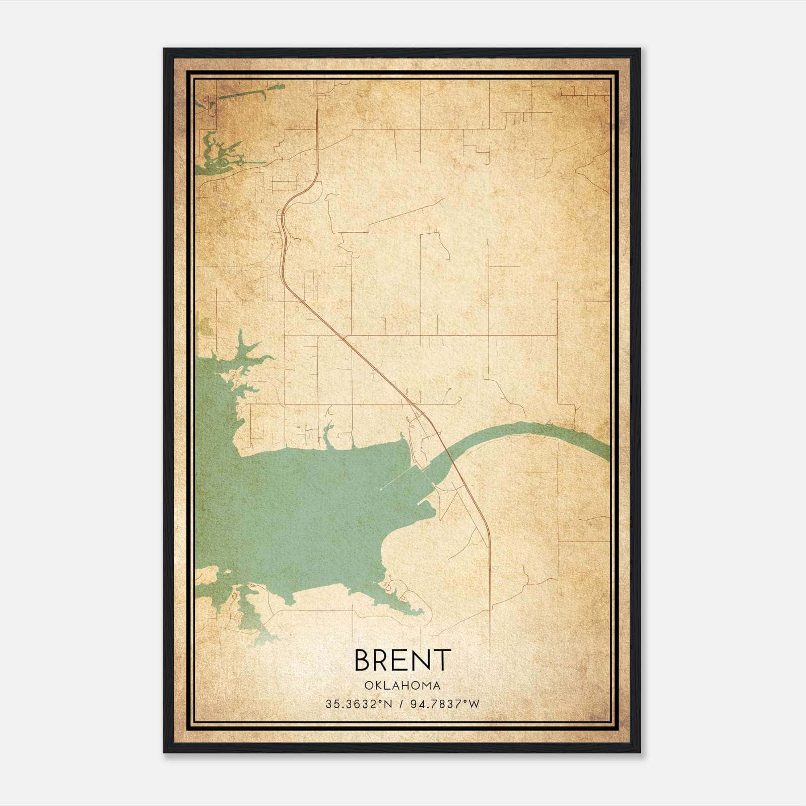 Vintage Brent Oklahoma Map Poster, Brent OK City Road Wall Art Print ...