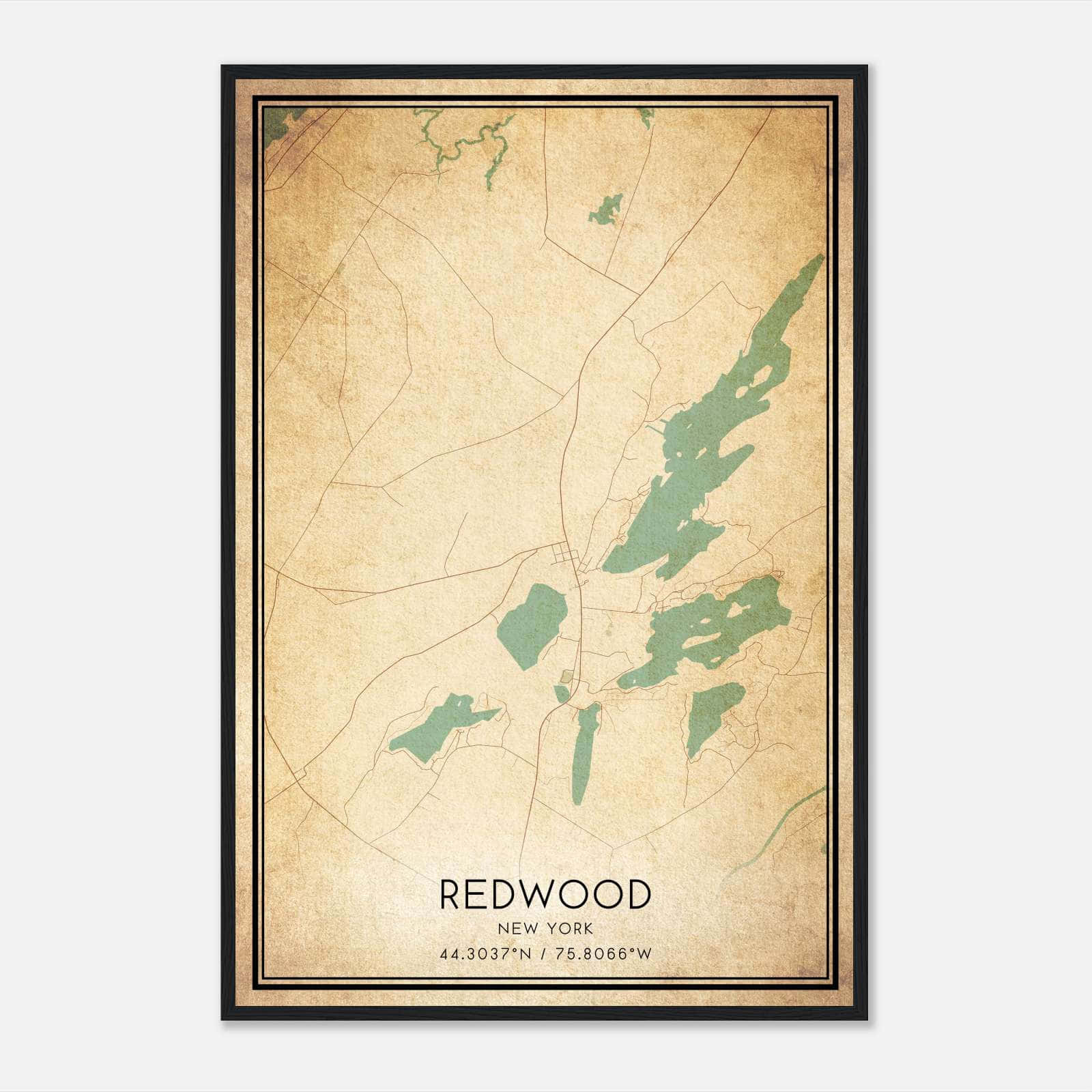 Vintage Redwood New York Map Poster, Redwood NY City Road Wall Art ...
