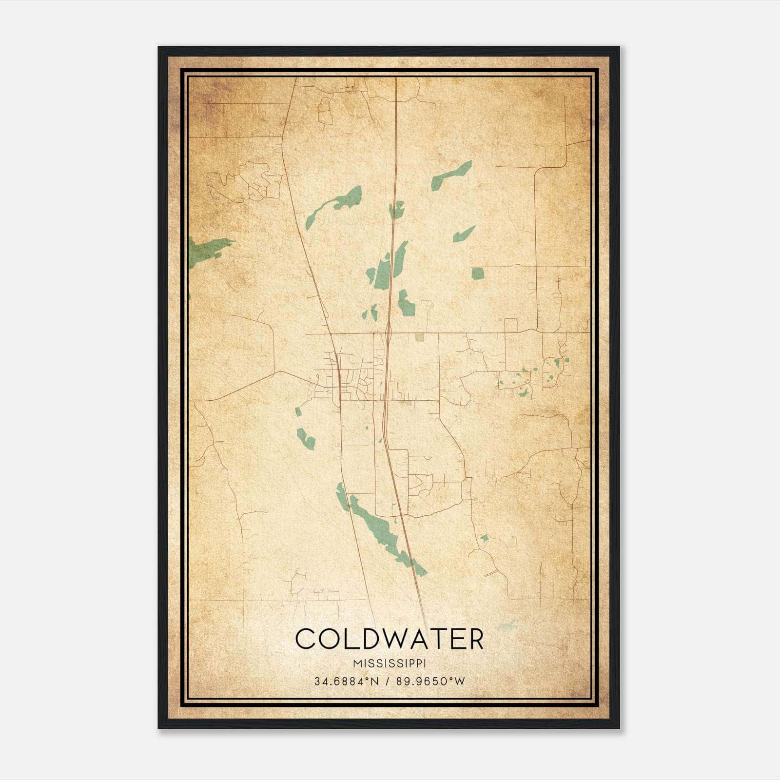 Vintage Coldwater Mississippi Map Poster, Coldwater MS City Road Wall ...
