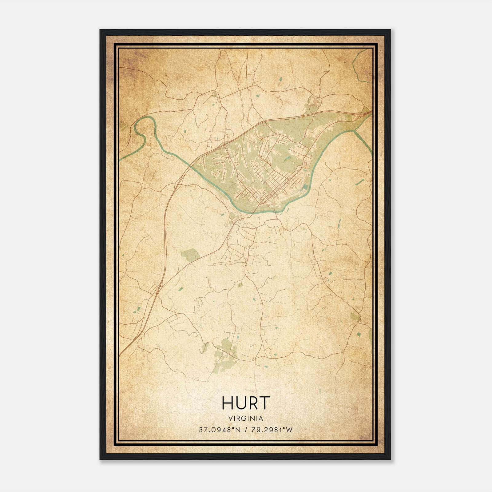 Vintage Hurt Virginia Map Poster, Hurt VA City Road Wall Art Print ...