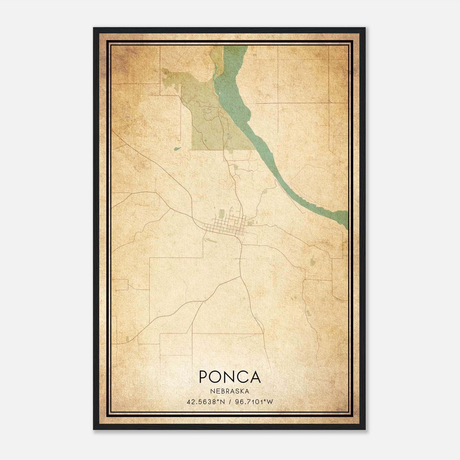 Vintage Ponca Nebraska Map Poster, Ponca NE City Road Wall Art Print ...