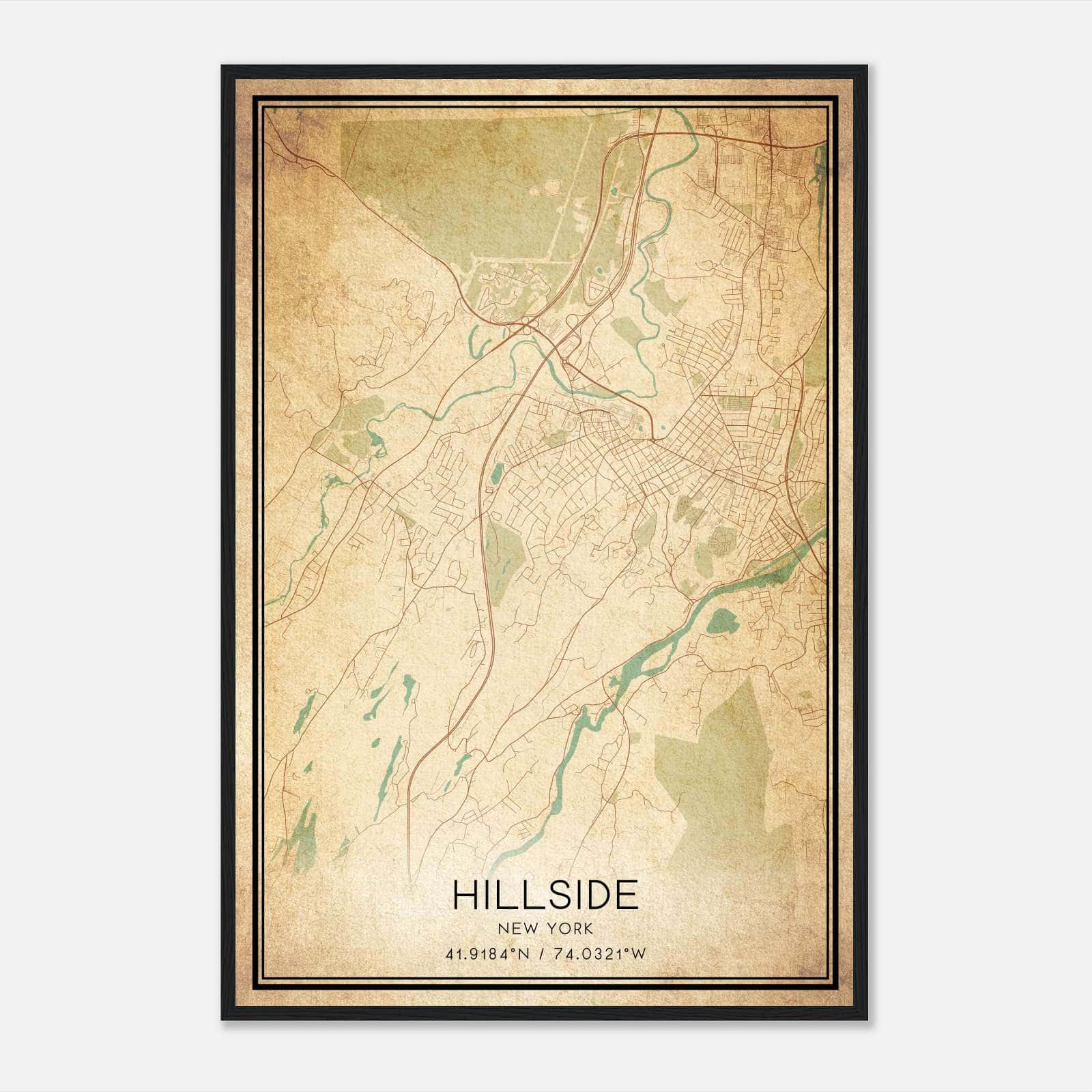 Vintage Hillside New York Map Poster, Hillside NY City Road Wall Art ...