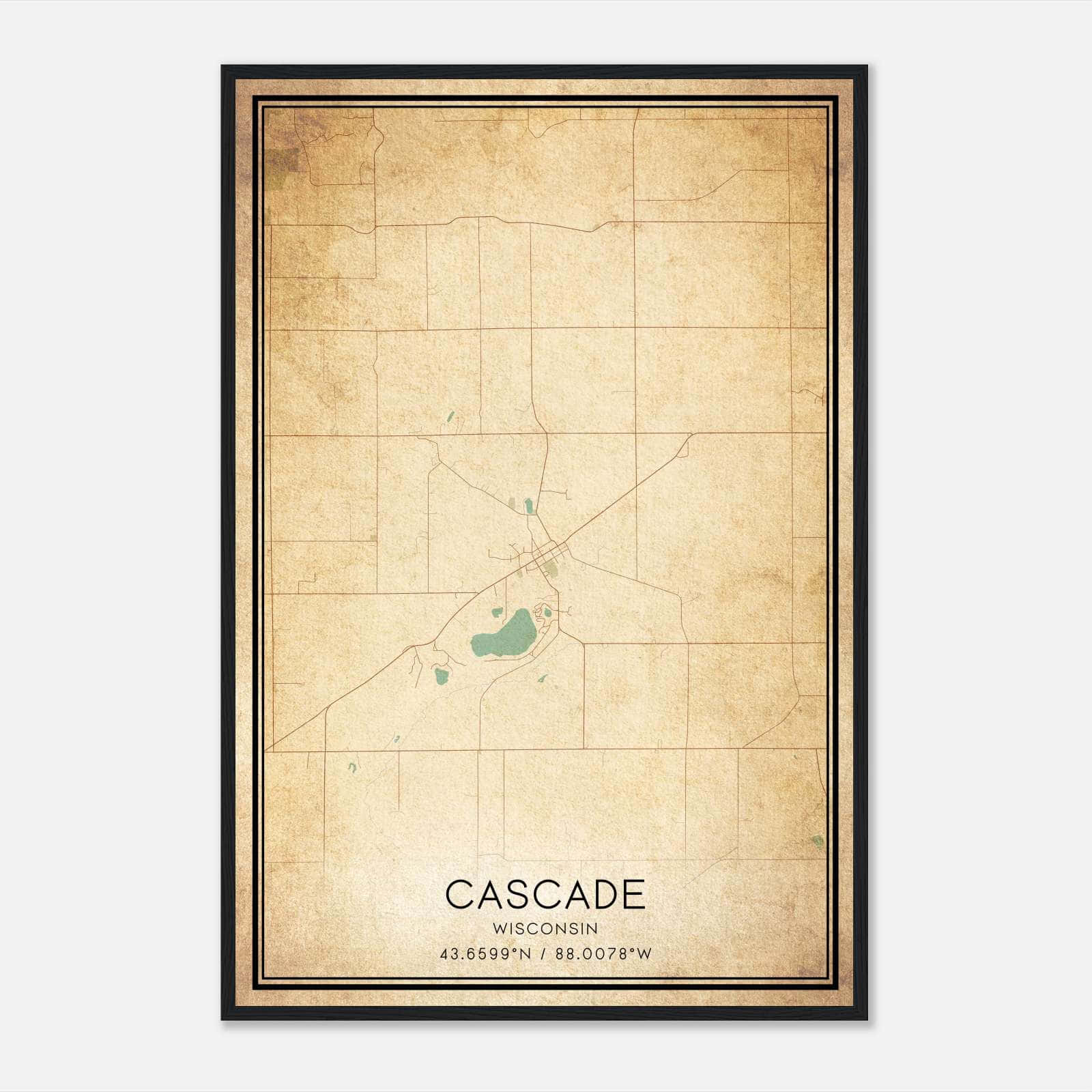 Vintage Cascade Wisconsin Map Poster, Cascade WI City Road Wall Art ...