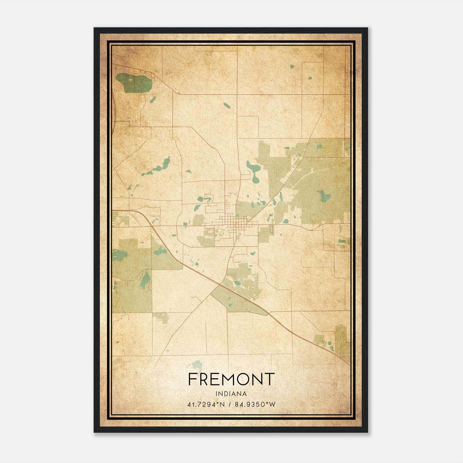 Vintage Fremont Indiana Map Poster, Fremont IN City Road Wall Art Print ...