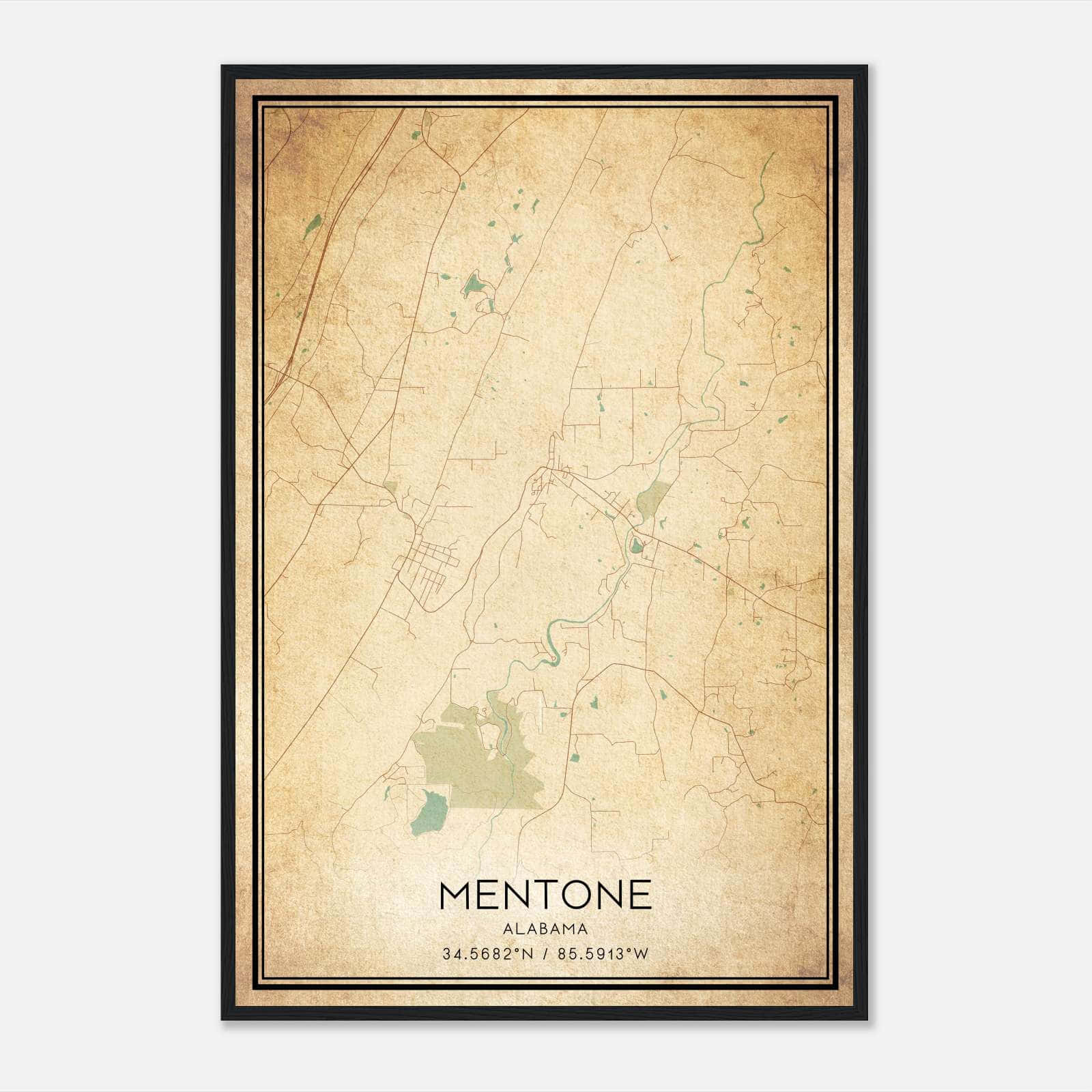 Vintage Mentone Alabama Map Poster, Mentone AL City Road Wall Art Print ...