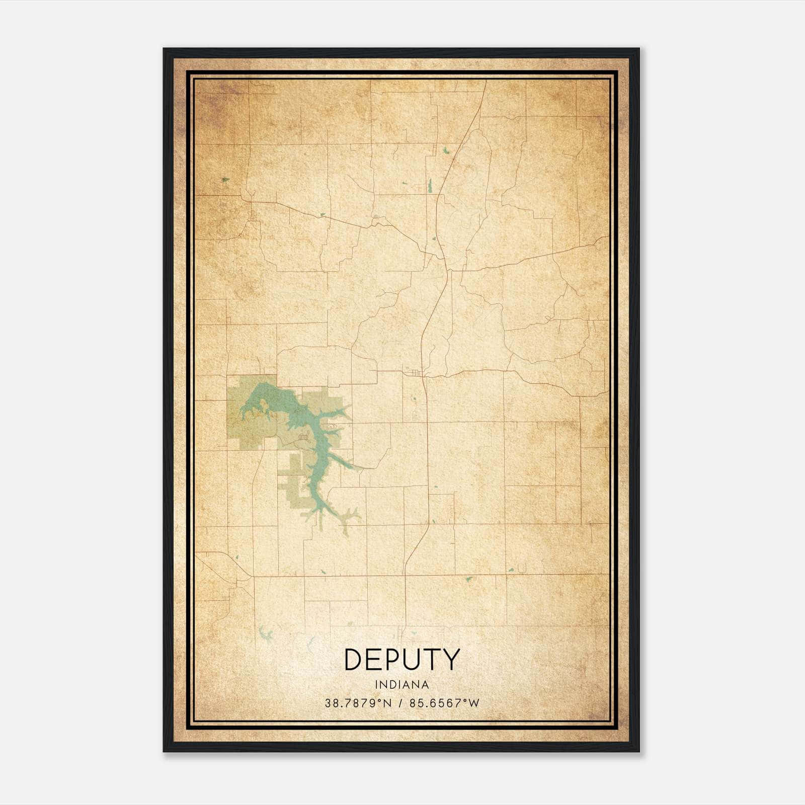 Vintage Deputy Indiana Map Poster, Deputy IN City Road Wall Art Print ...