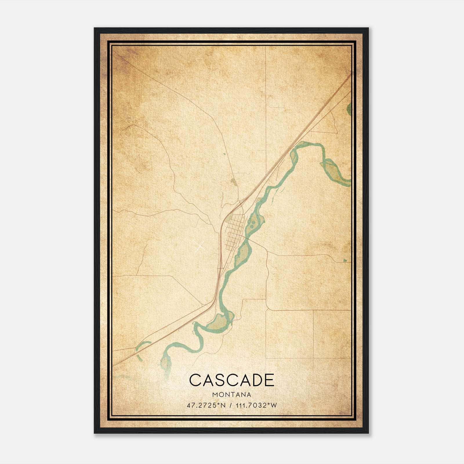 Vintage Cascade Montana Map Poster, Cascade MT City Road Wall Art Print ...