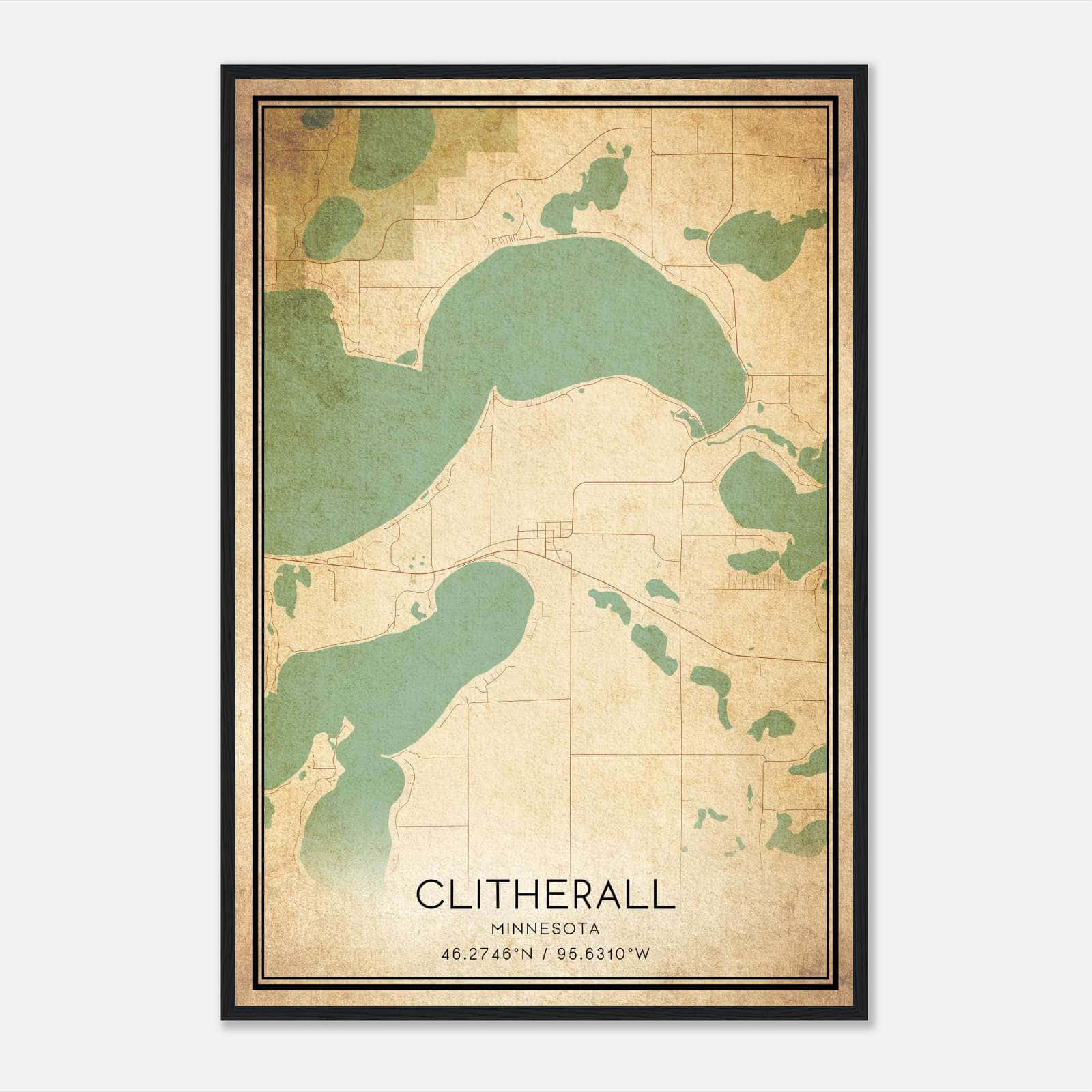 Vintage Clitherall Minnesota Map Poster, Clitherall MN City Road Wall ...