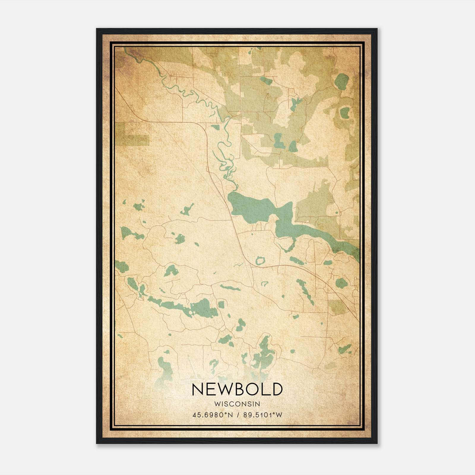 Vintage Newbold Wisconsin Map Poster, Newbold WI City Road Wall Art ...