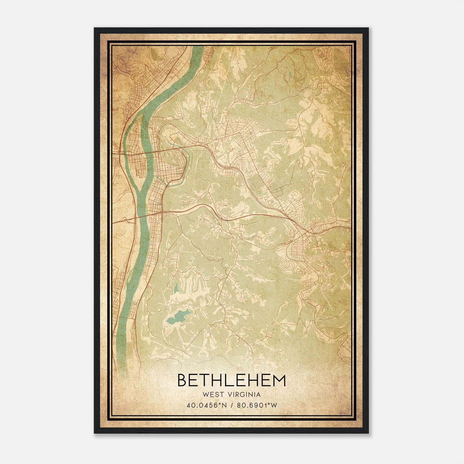 Vintage Bethlehem West Virginia Map Poster, Bethlehem WV City Road Wall ...