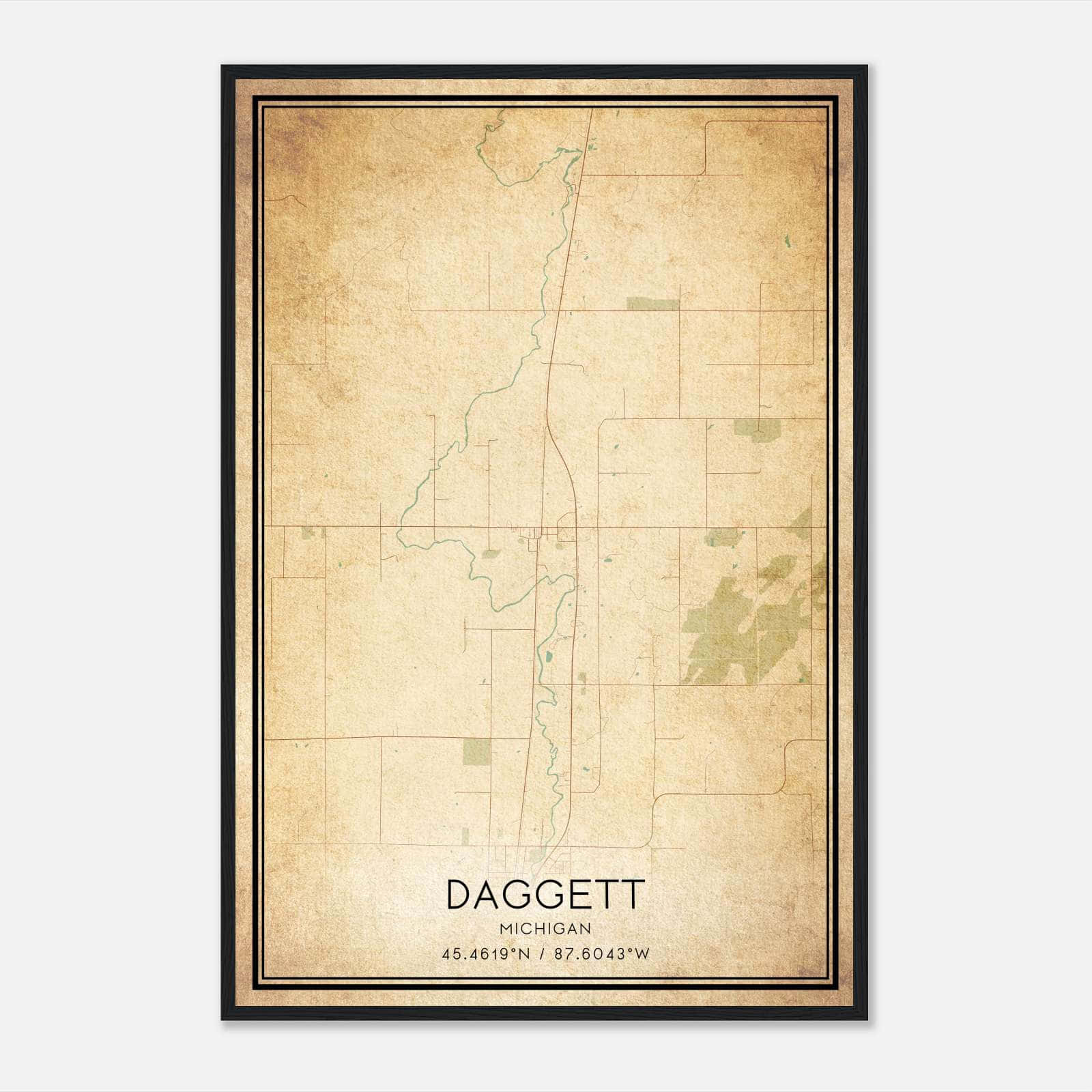 Vintage Daggett Michigan Map Poster, Daggett MI City Road Wall Art ...