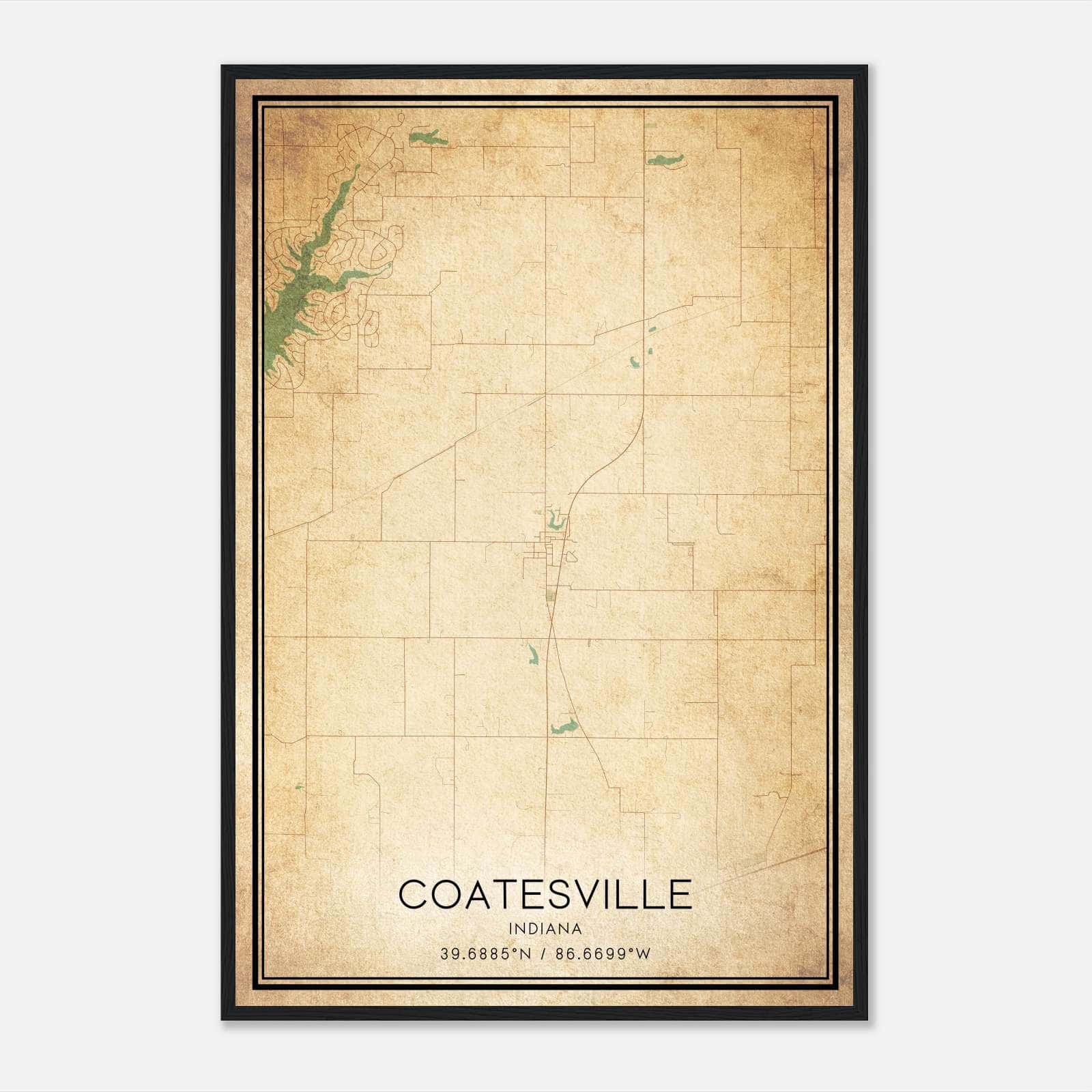 Vintage Coatesville Indiana Map Poster, Coatesville IN City Road Wall ...