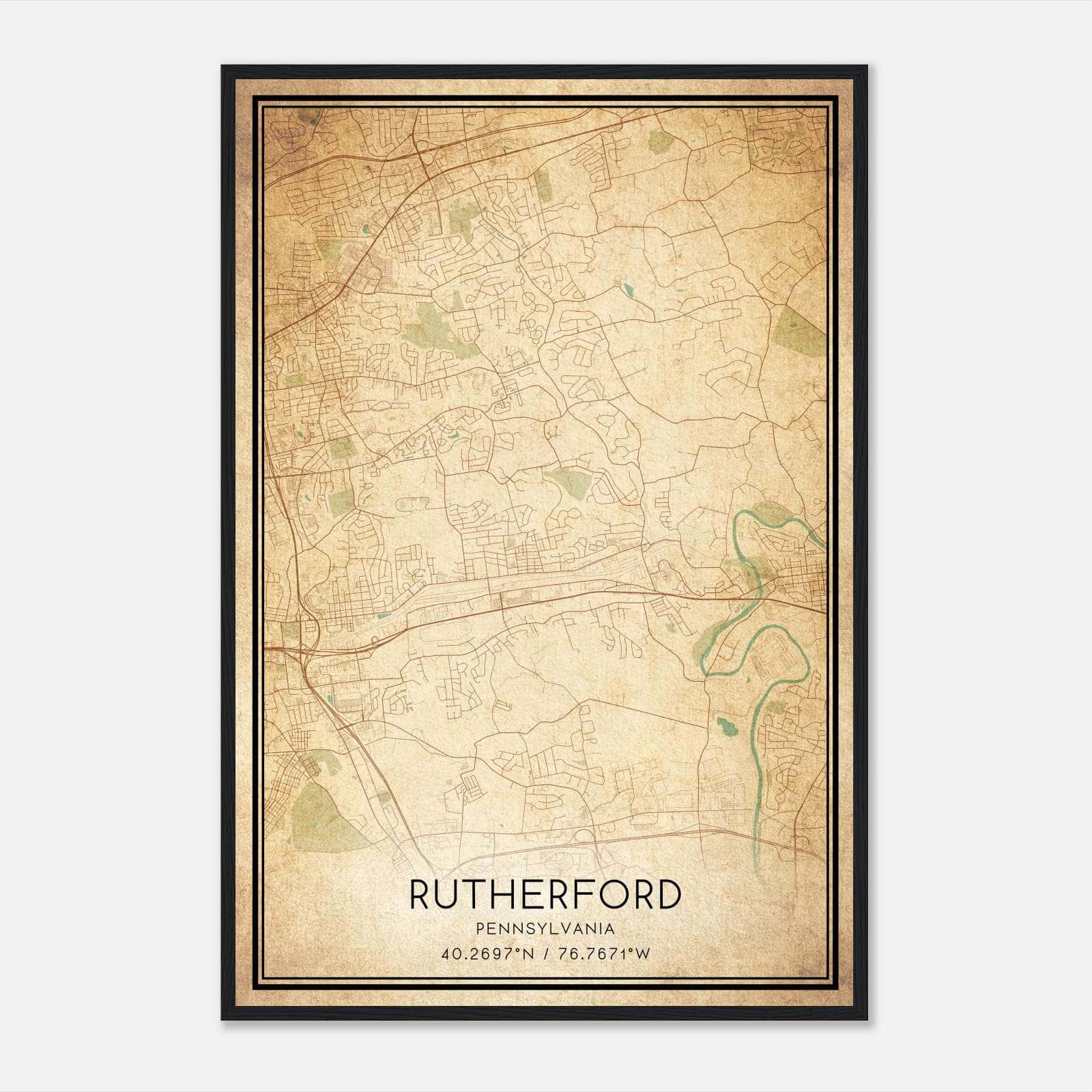 Vintage Rutherford Pennsylvania Map Poster, Rutherford PA City Road ...