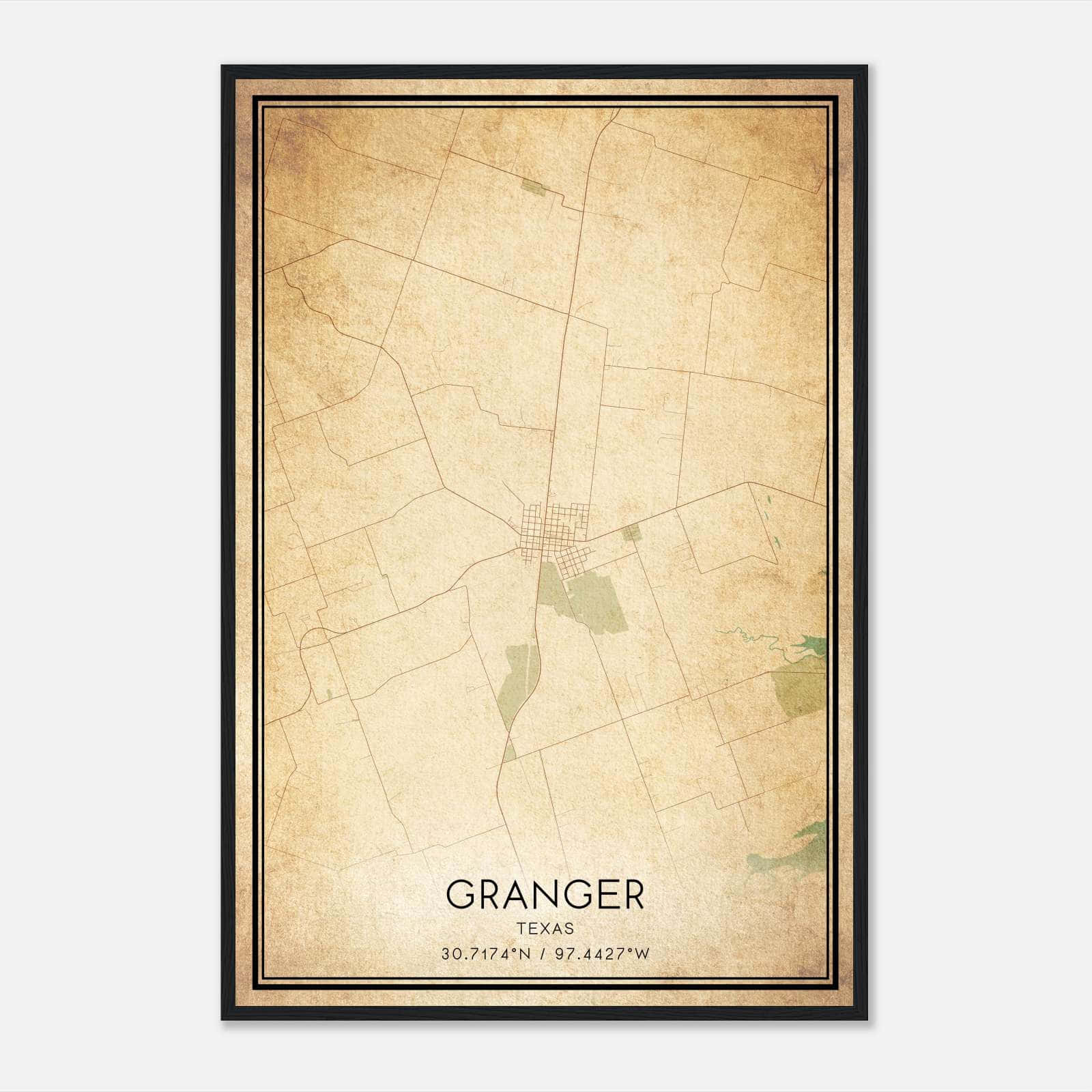 Vintage Granger Texas Map Poster, Granger TX City Road Wall Art Print ...