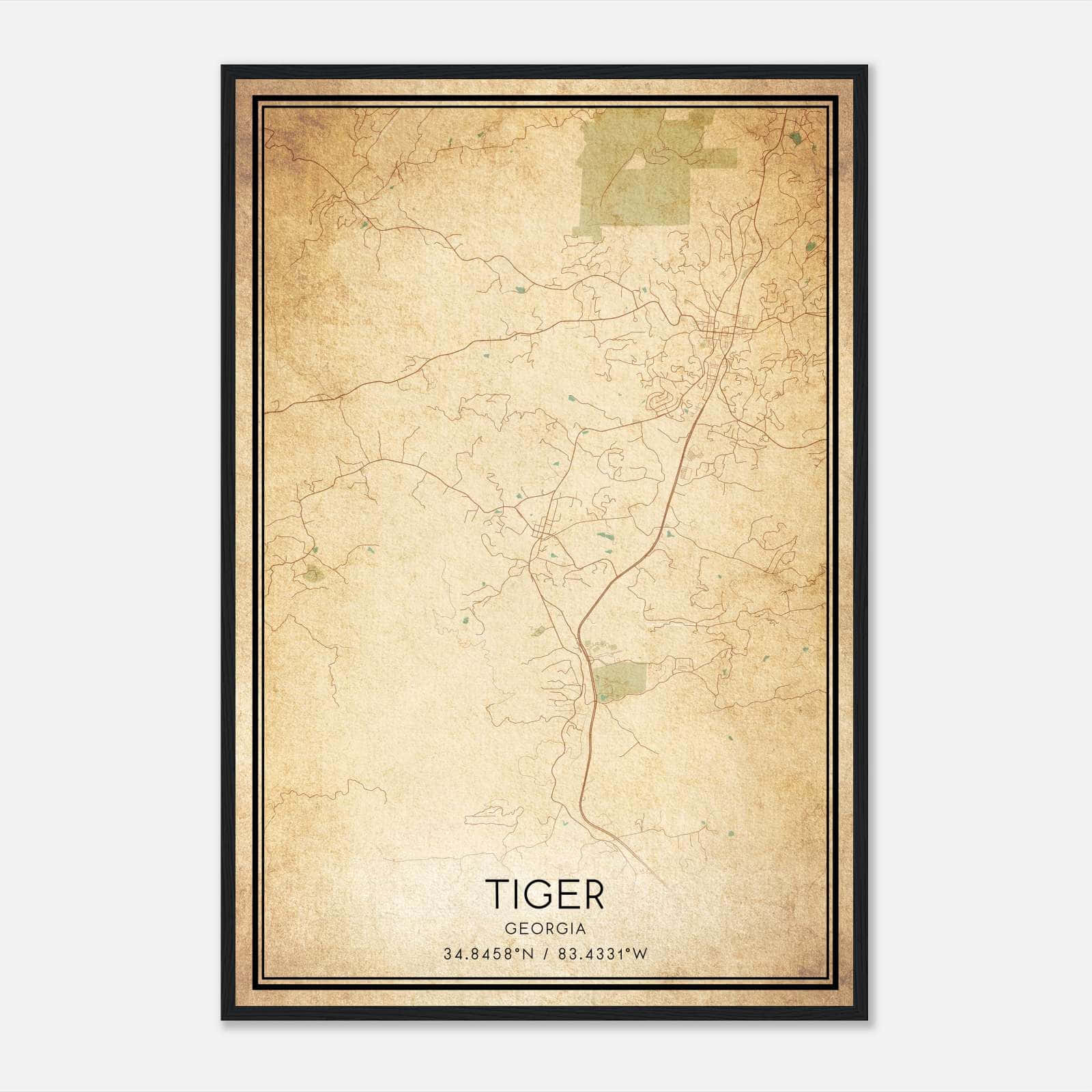 Vintage Tiger Georgia Map Poster, Tiger GA City Road Wall Art Print ...