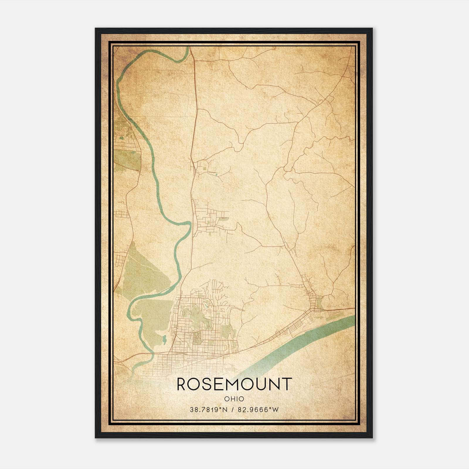 Vintage Rosemount Ohio Map Poster, Rosemount OH City Road Wall Art ...