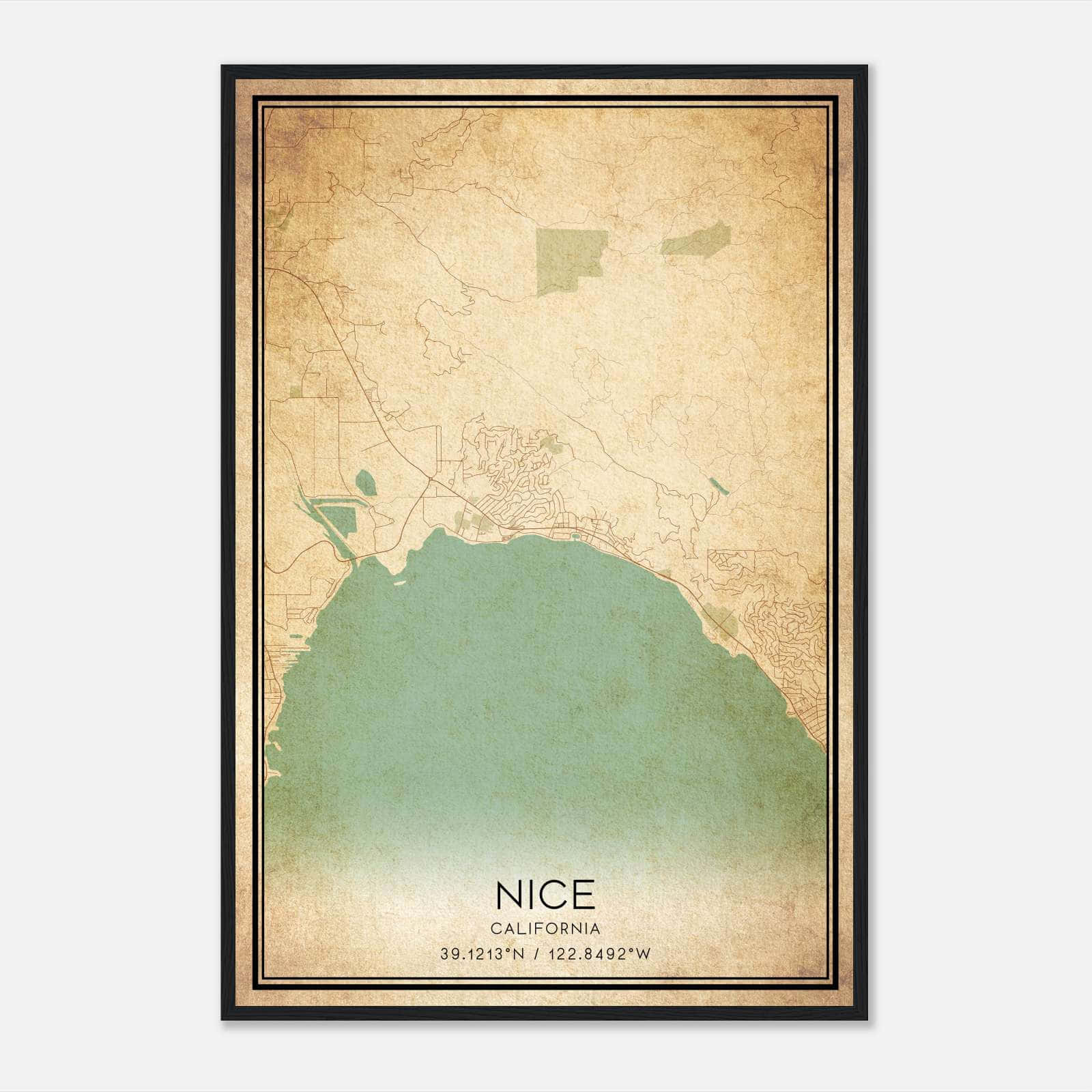 Vintage Nice California Map Poster, Nice CA City Road Wall Art Print ...