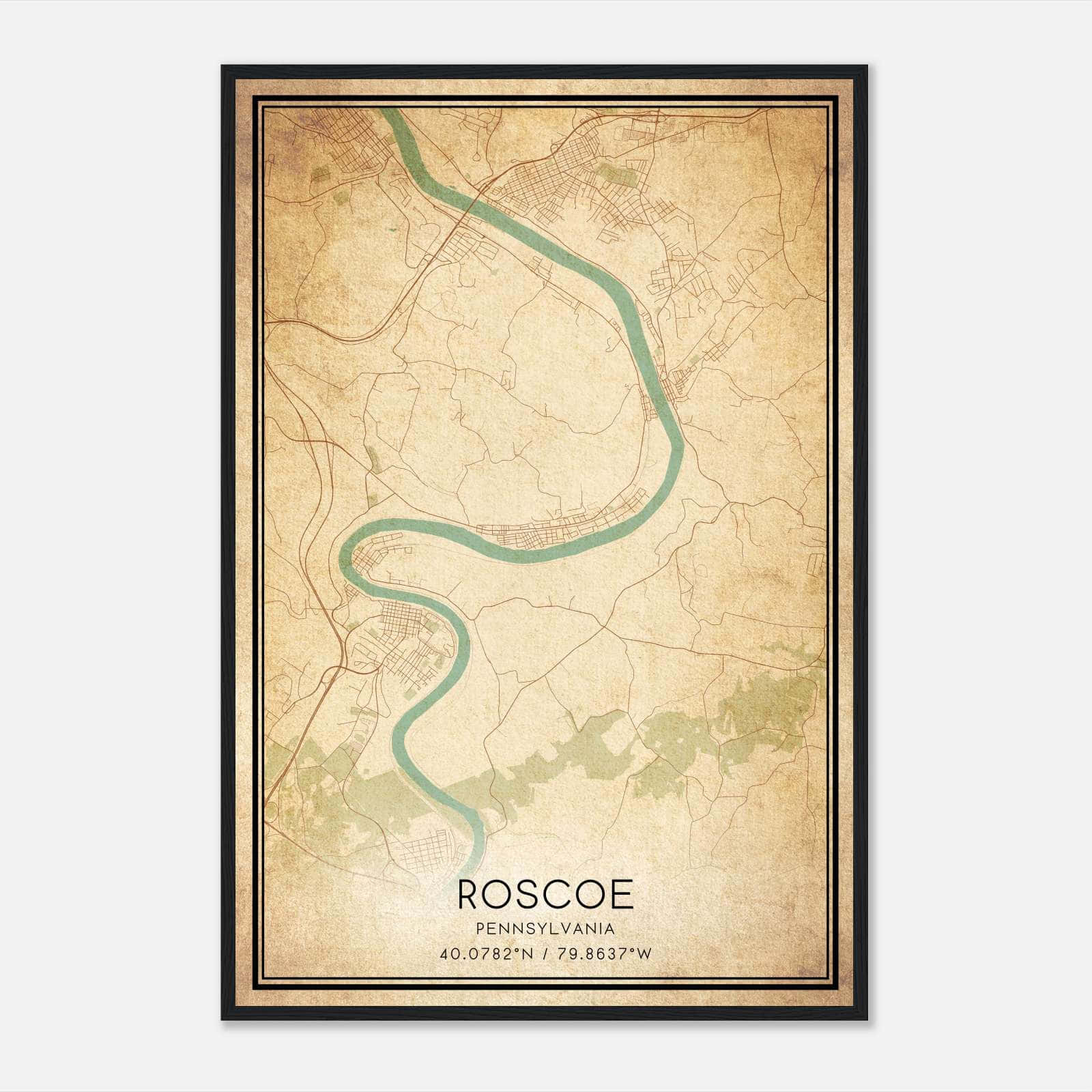 Vintage Roscoe Pennsylvania Map Poster, Roscoe PA City Road Wall Art ...