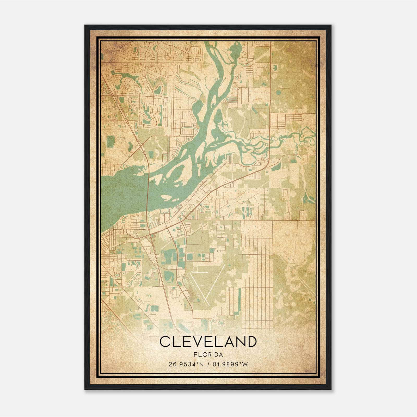 Vintage Cleveland Florida Map Poster, Cleveland FL City Road Wall Art ...