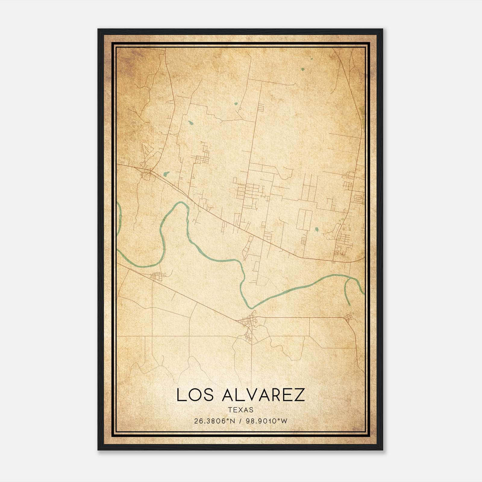 Vintage Los Alvarez Texas Map Poster, Los Alvarez TX City Road Wall Art ...