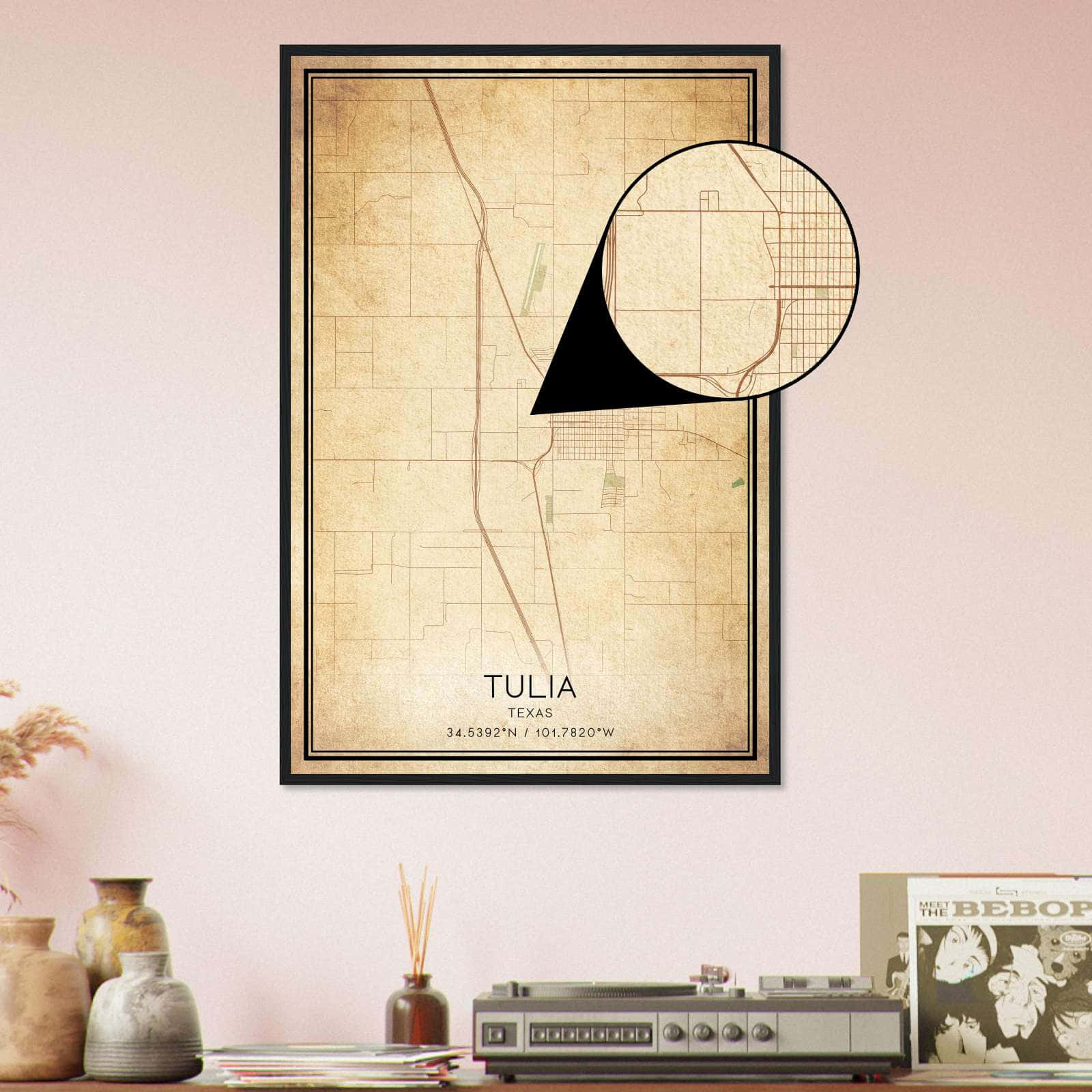 Vintage Tulia Texas Map Poster, Tulia TX City Road Wall Art Print ...
