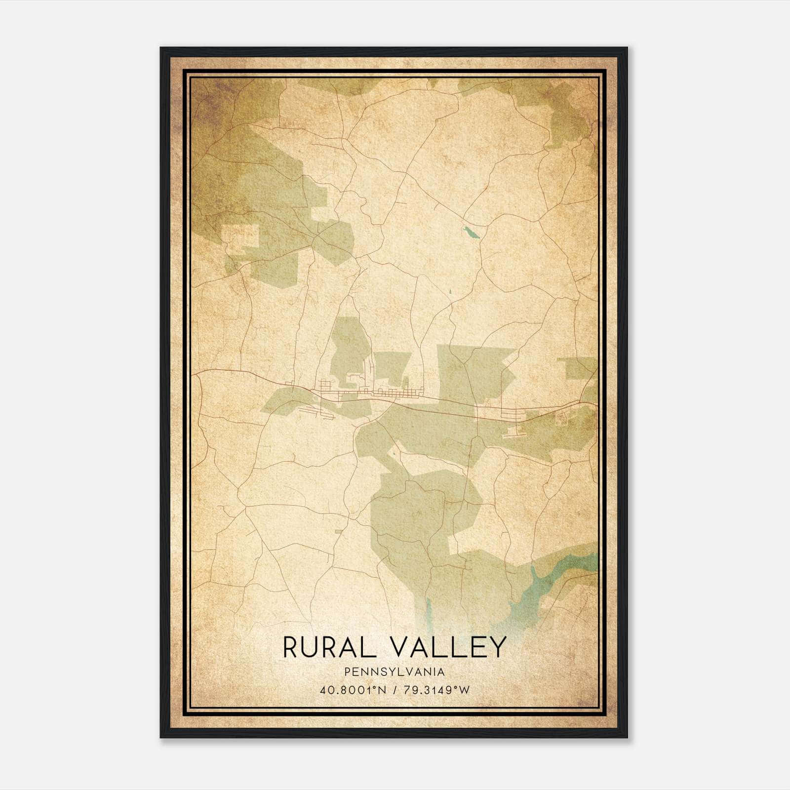 Vintage Rural Valley Pennsylvania Map Poster, Rural Valley PA City Road ...