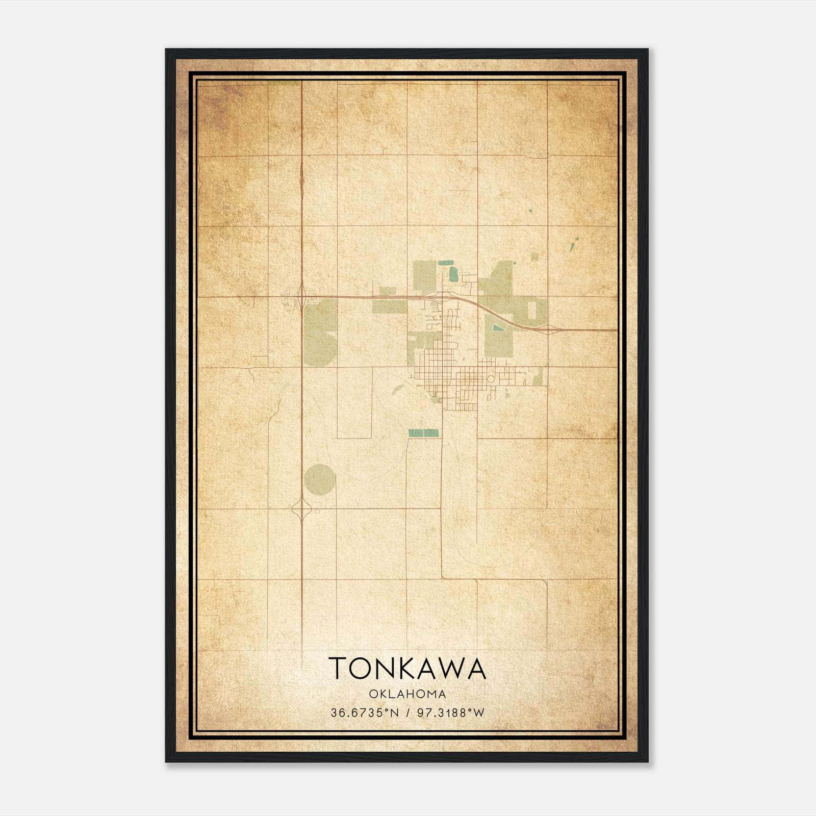 Vintage Tonkawa Oklahoma Map Poster, Tonkawa OK City Road Wall Art Print - Custom Maps & Posters