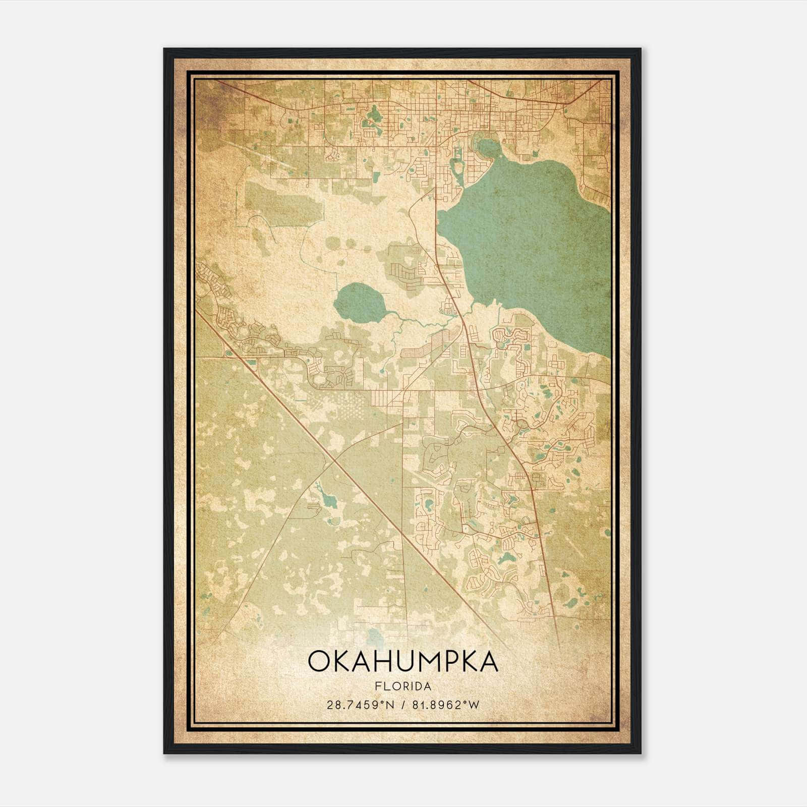 Vintage Okahumpka Florida Map Poster, Okahumpka FL City Road Wall Art ...