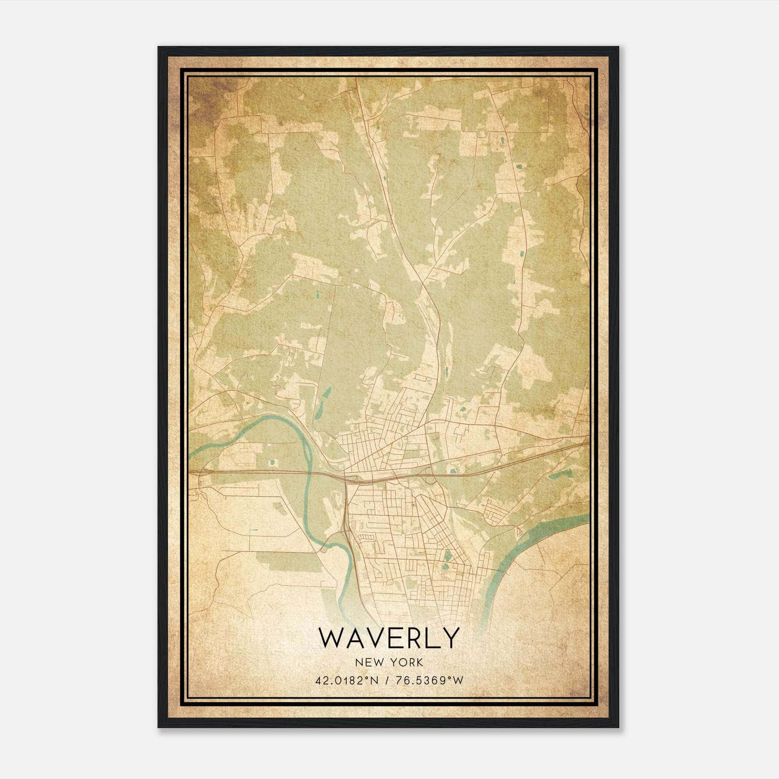 Vintage Waverly New York Map Poster, Waverly NY City Road Wall Art ...