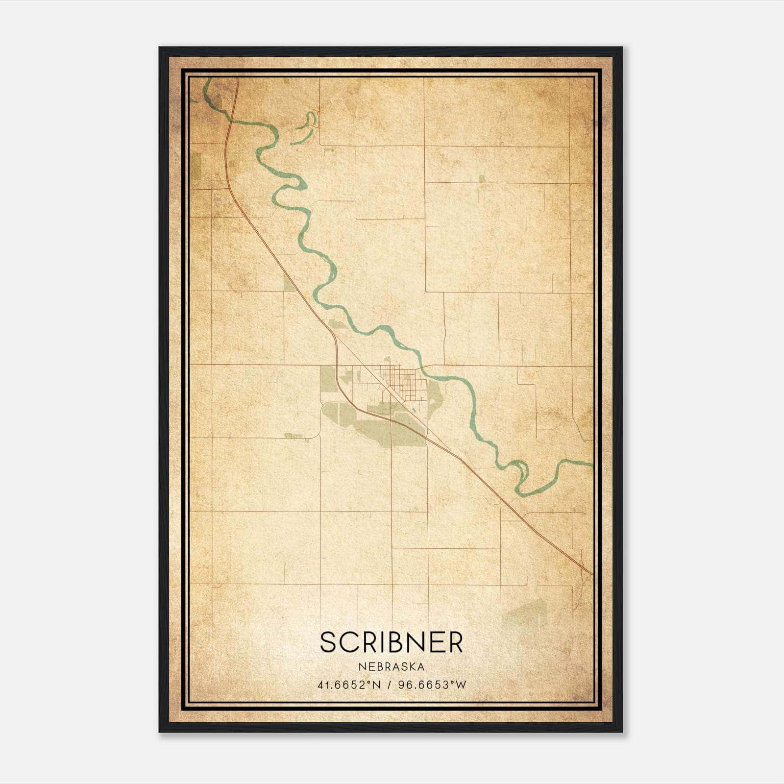 Vintage Scribner Nebraska Map Poster, Scribner NE City Road Wall Art ...