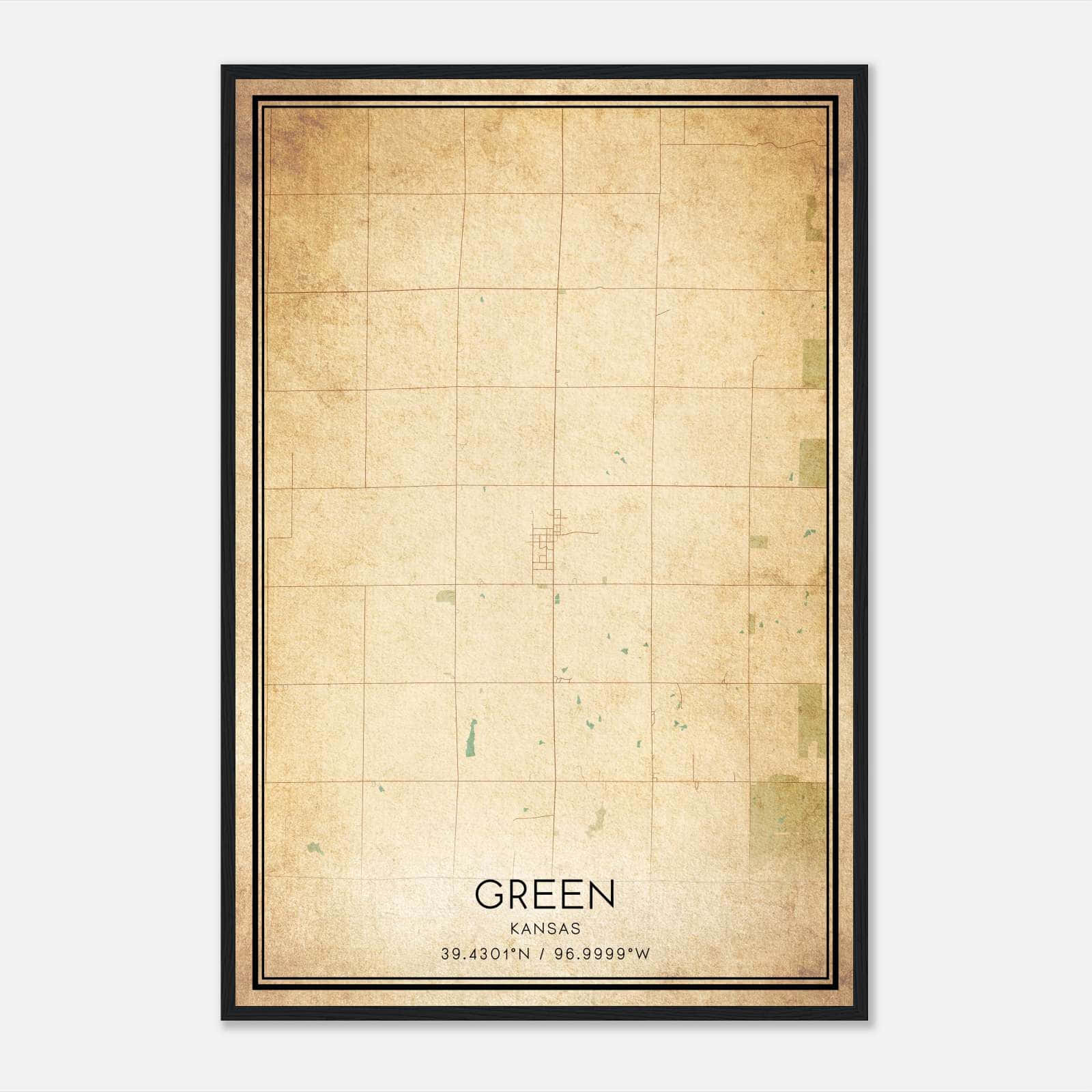 Vintage Green Kansas Map Poster, Green KS City Road Wall Art Print ...