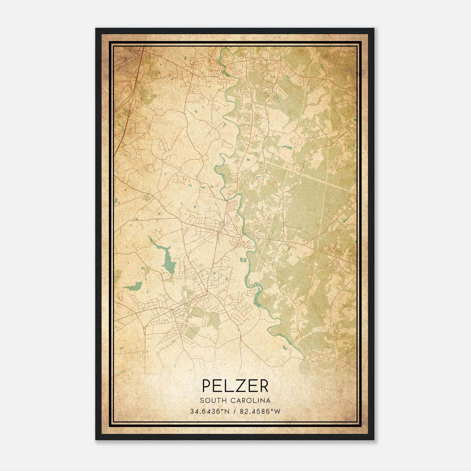 Vintage Pelzer South Carolina Map Poster, Pelzer SC City Road Wall Art ...