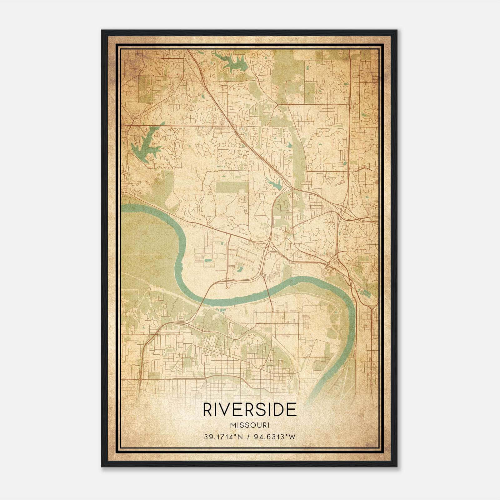 Vintage Riverside Missouri Map Poster, Riverside MO City Road Wall Art ...
