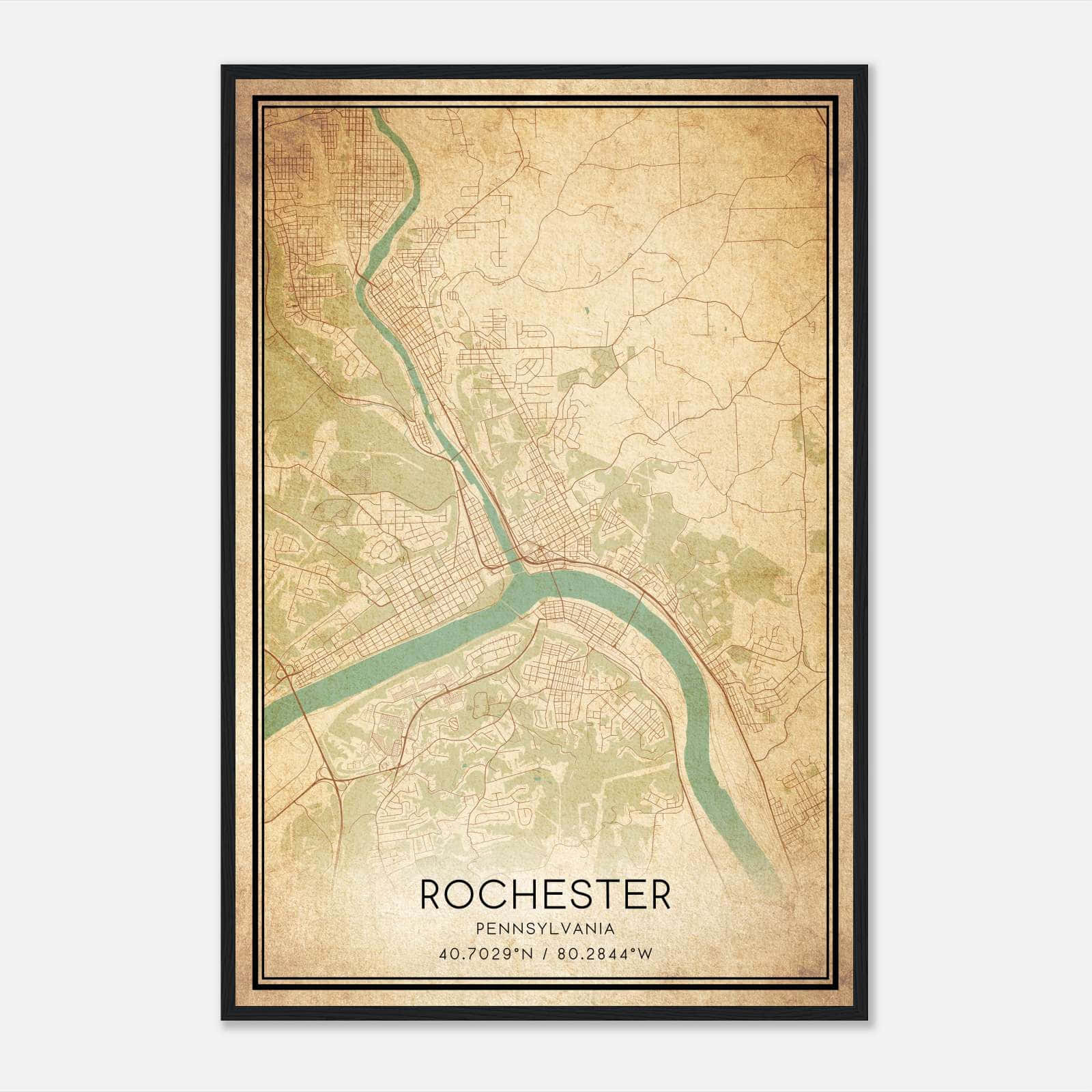 Vintage Rochester Pennsylvania Map Poster, Rochester PA City Road Wall ...