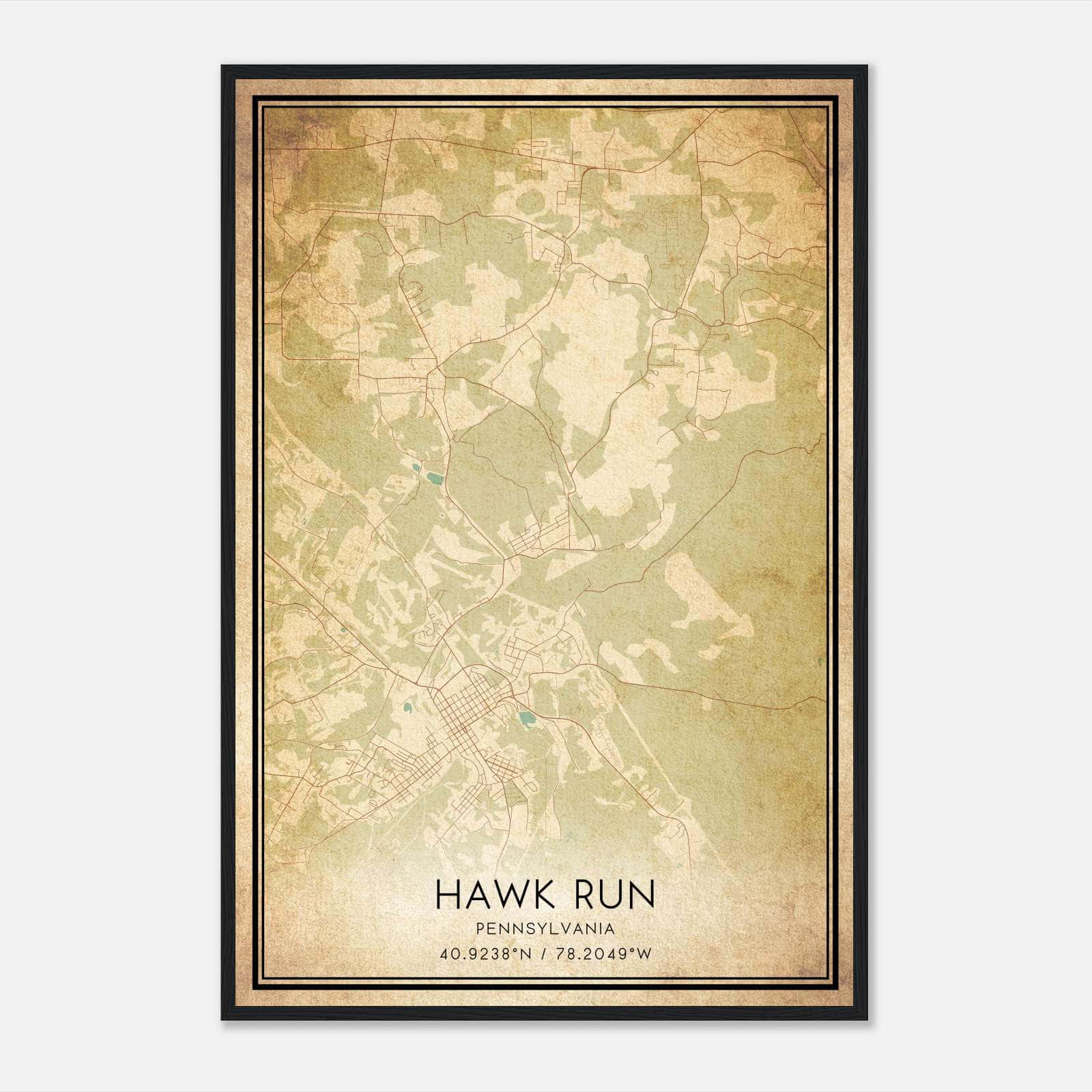 Vintage Hawk Run Pennsylvania Map Poster, Hawk Run PA City Road Wall ...