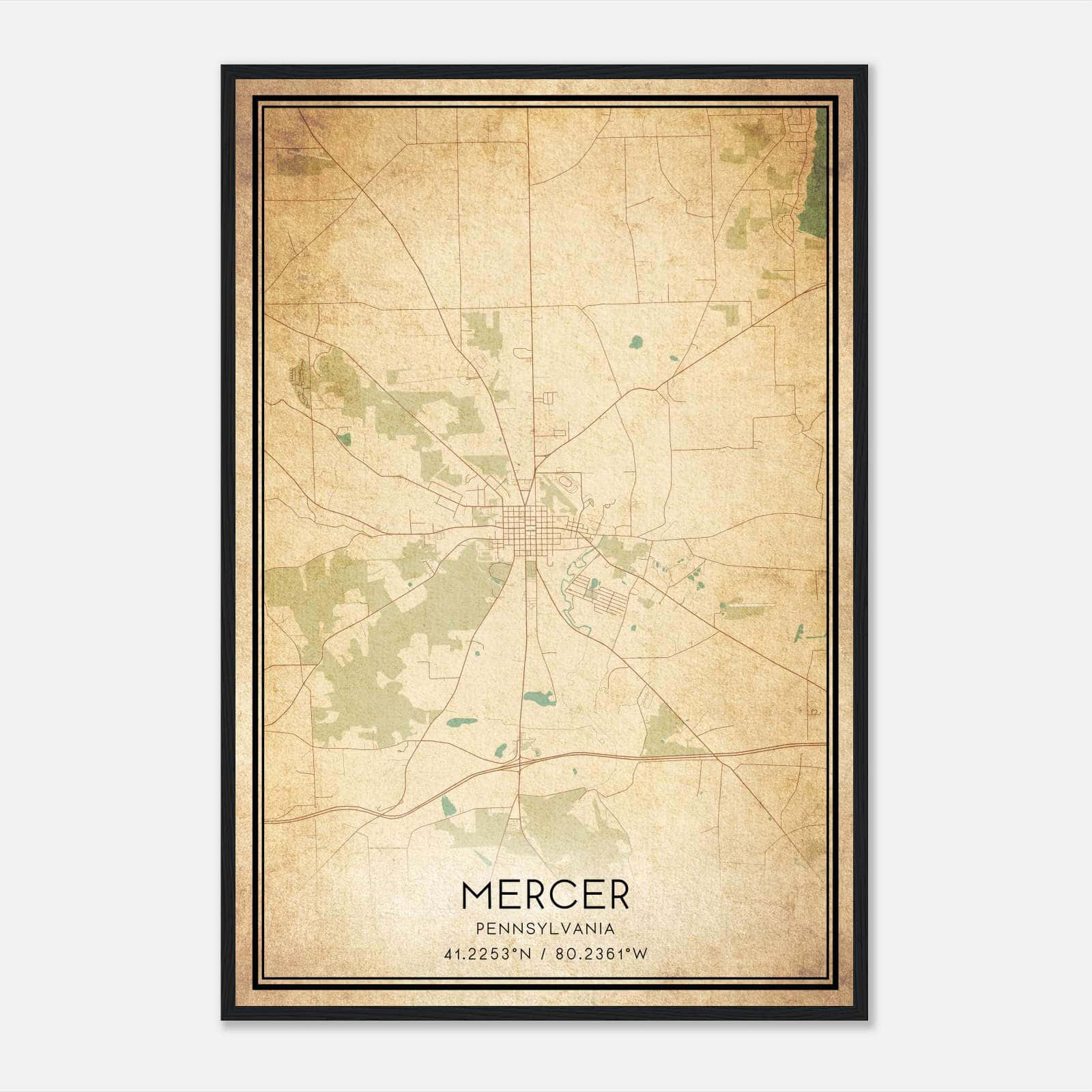 Vintage Mercer Pennsylvania Map Poster, Mercer PA City Road Wall Art ...