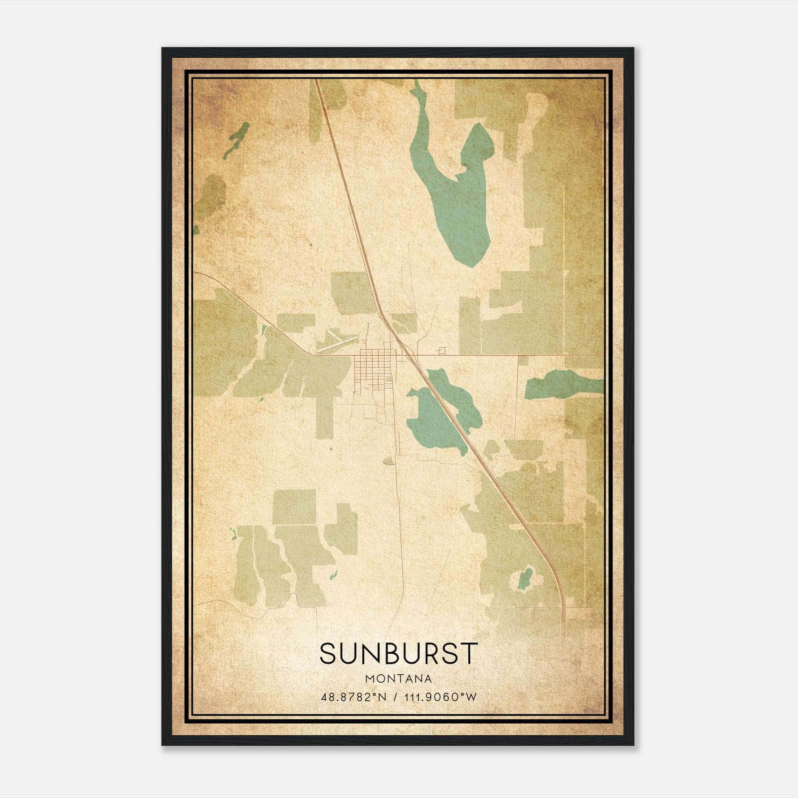 Vintage Sunburst Montana Map Poster, Sunburst MT City Road Wall Art ...