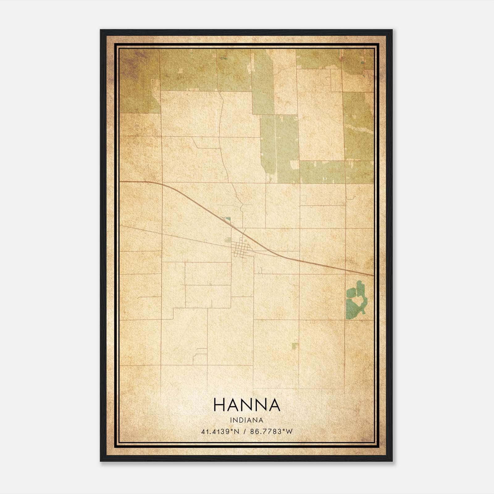 Vintage Hanna Indiana Map Poster, Hanna IN City Road Wall Art Print ...