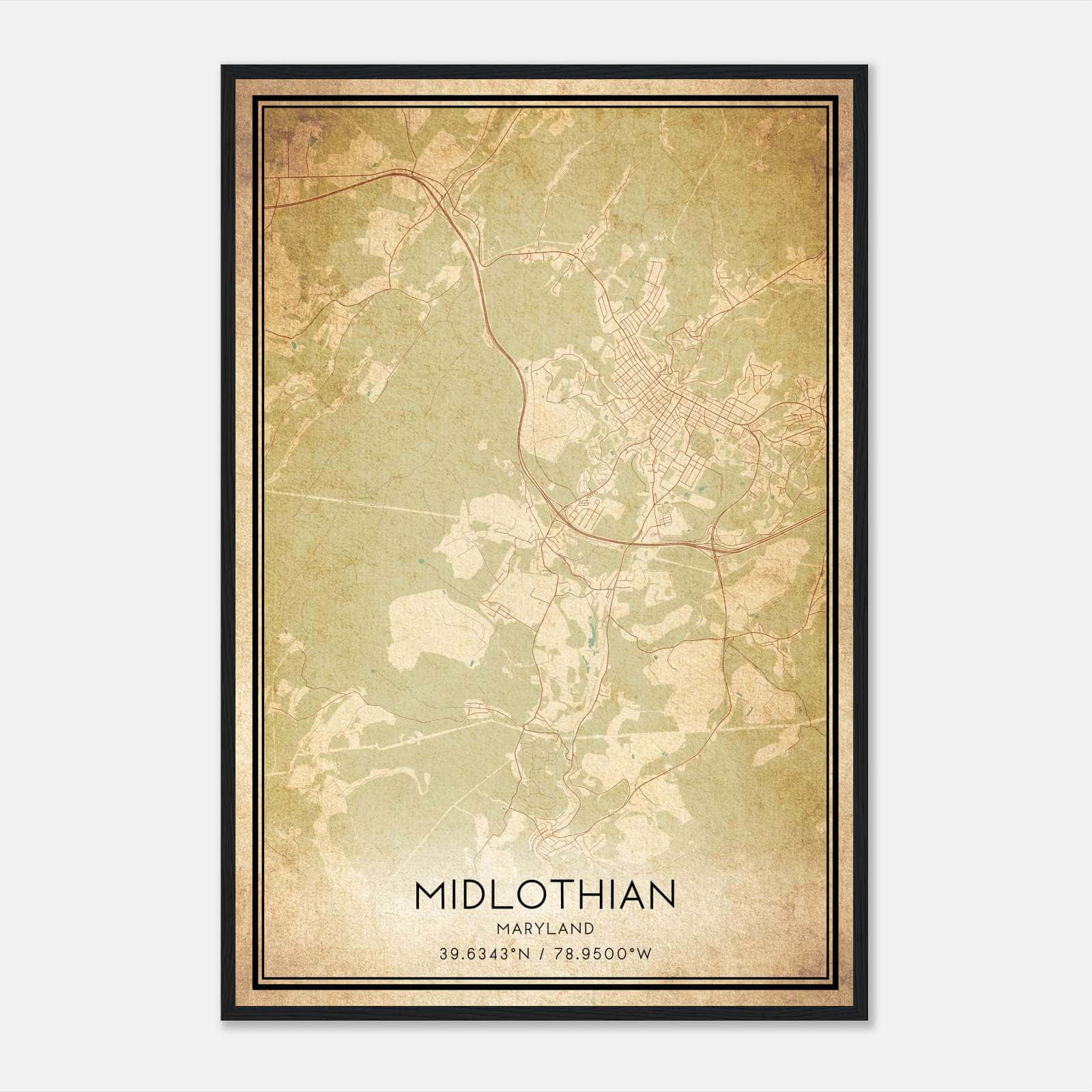 Vintage Midlothian Maryland Map Poster, Midlothian MD City Road Wall ...