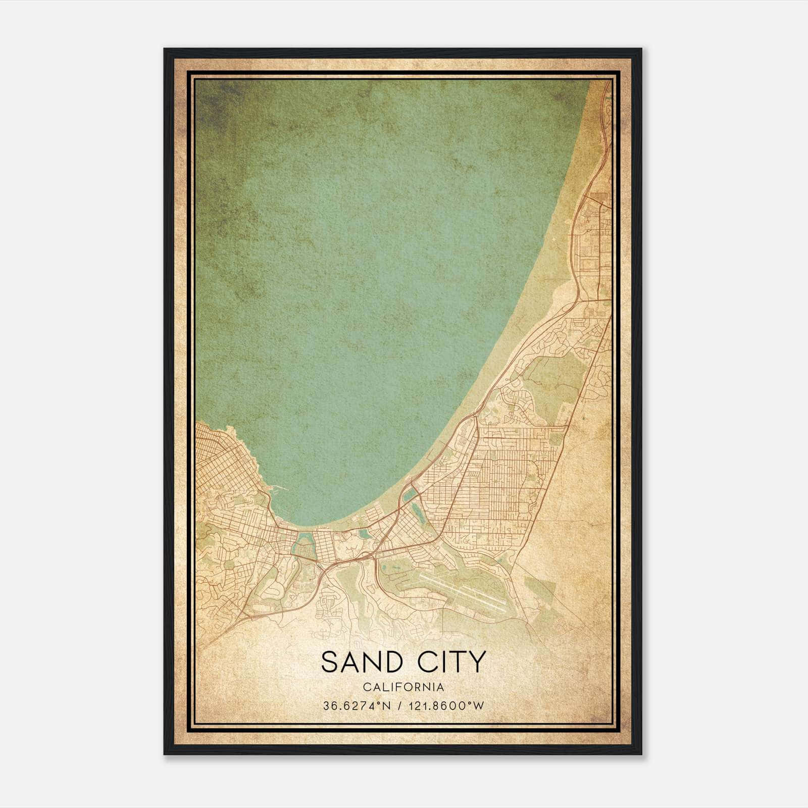 Vintage Sand City California Map Poster, Sand City CA City Road Wall ...