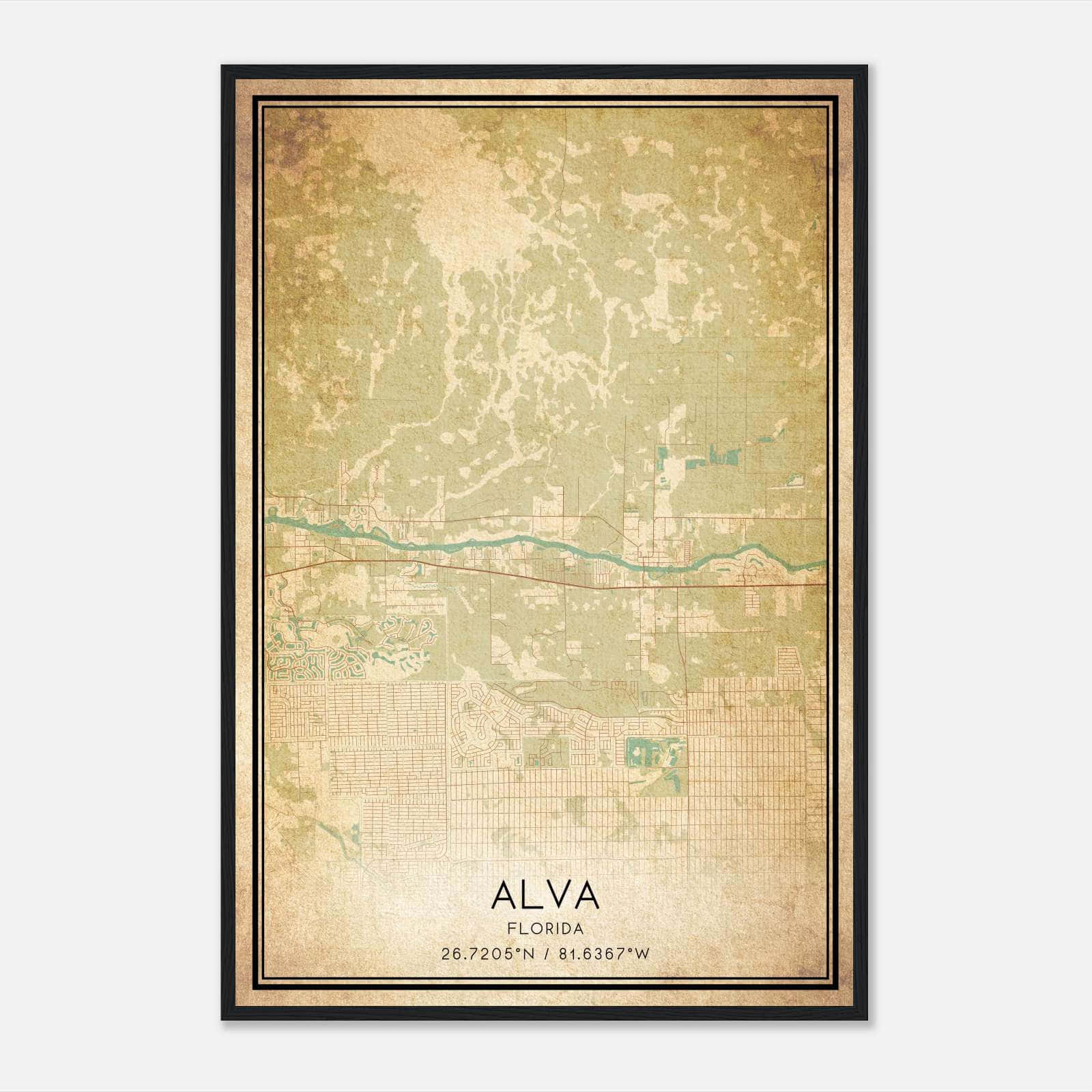 Vintage Alva Florida Map Poster, Alva FL City Road Wall Art Print ...