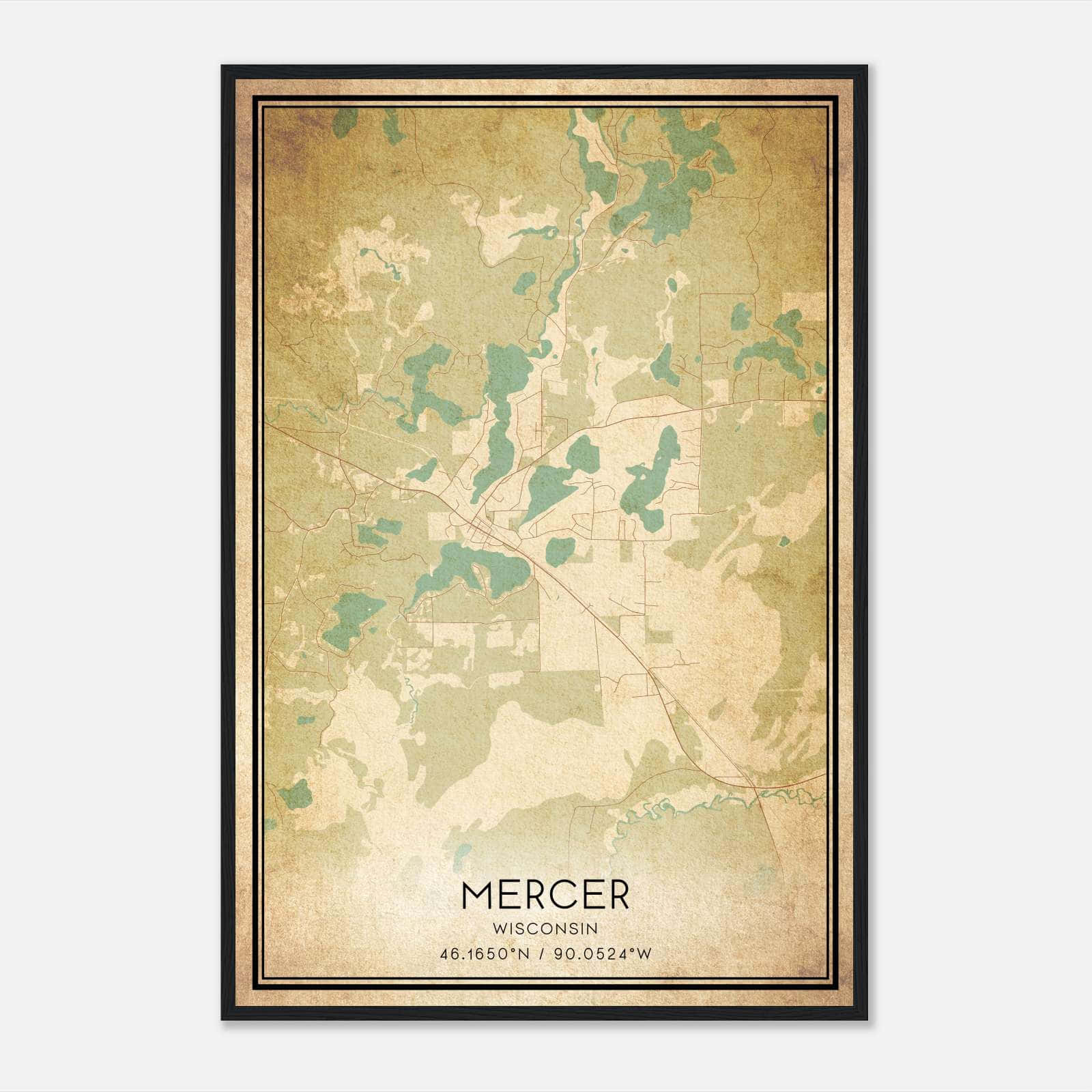 Vintage Mercer Wisconsin Map Poster, Mercer WI City Road Wall Art Print ...