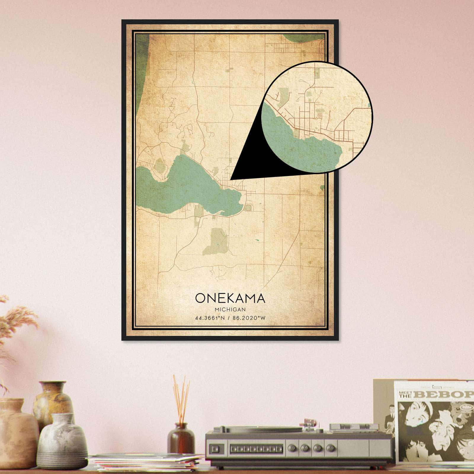 Vintage Onekama Michigan Map Poster, Onekama MI City Road Wall Art ...