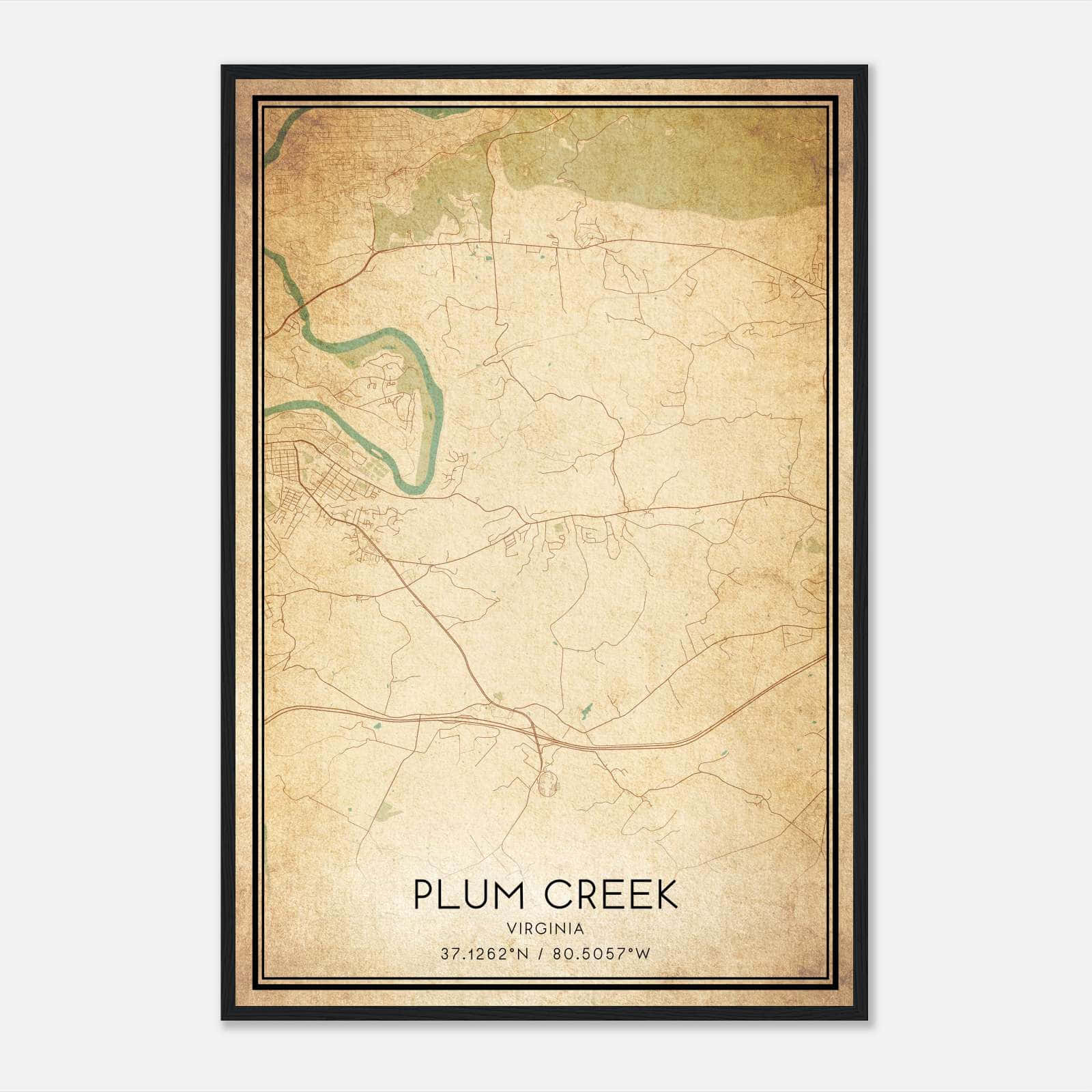 Vintage Plum Creek Virginia Map Poster, Plum Creek VA City Road Wall ...