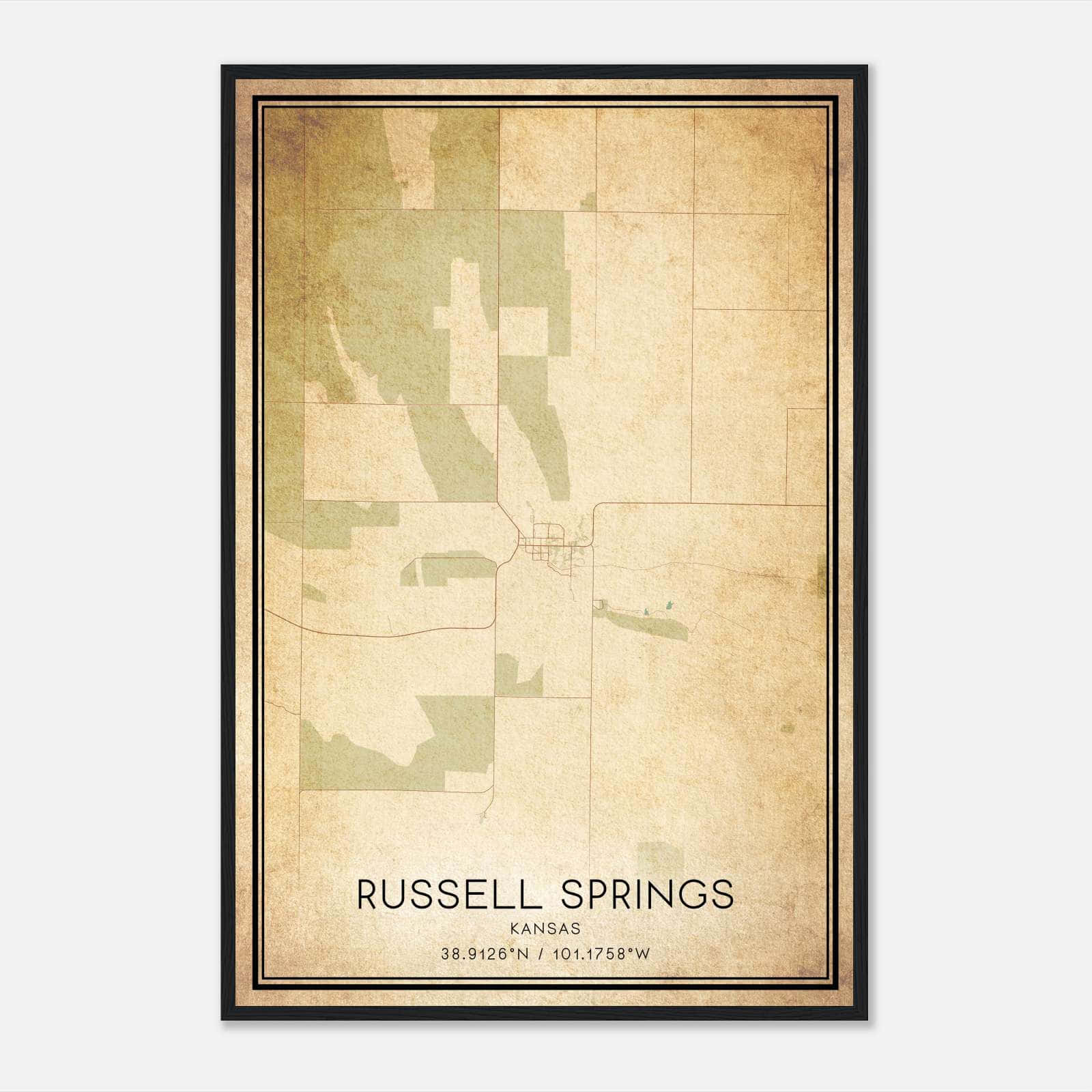 Vintage Russell Springs Kansas Map Poster, Russell Springs KS City Road ...